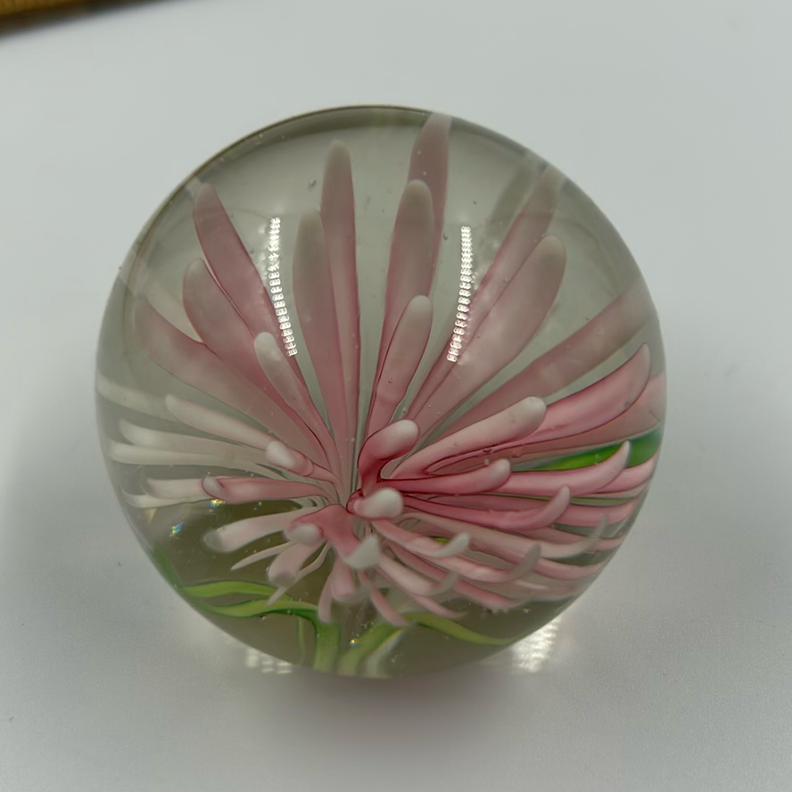 Vintage Art Glass Paperweight Pink And White Flower With Green Stem