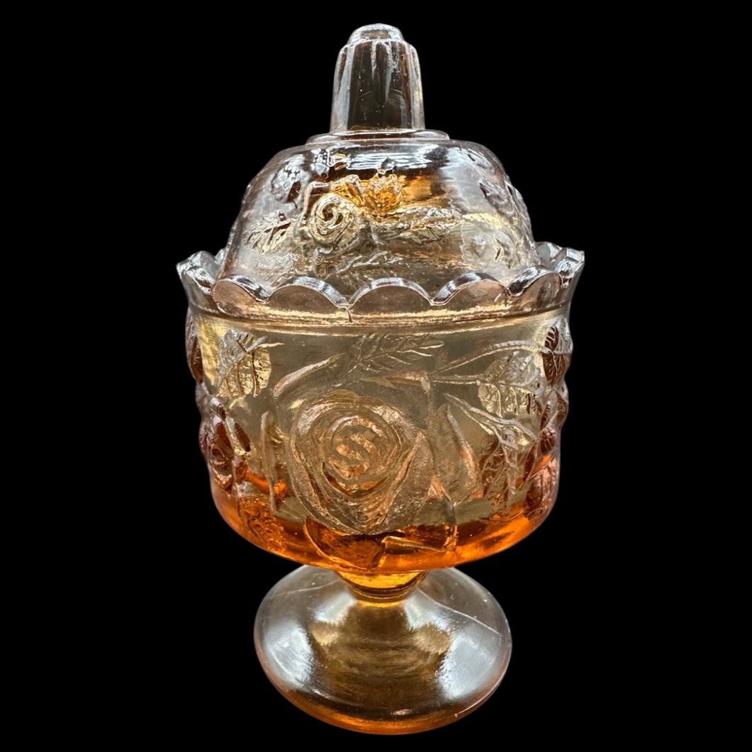 Indiana Glass Amber “Roses” Petite Candy Dish 5.25” Tall