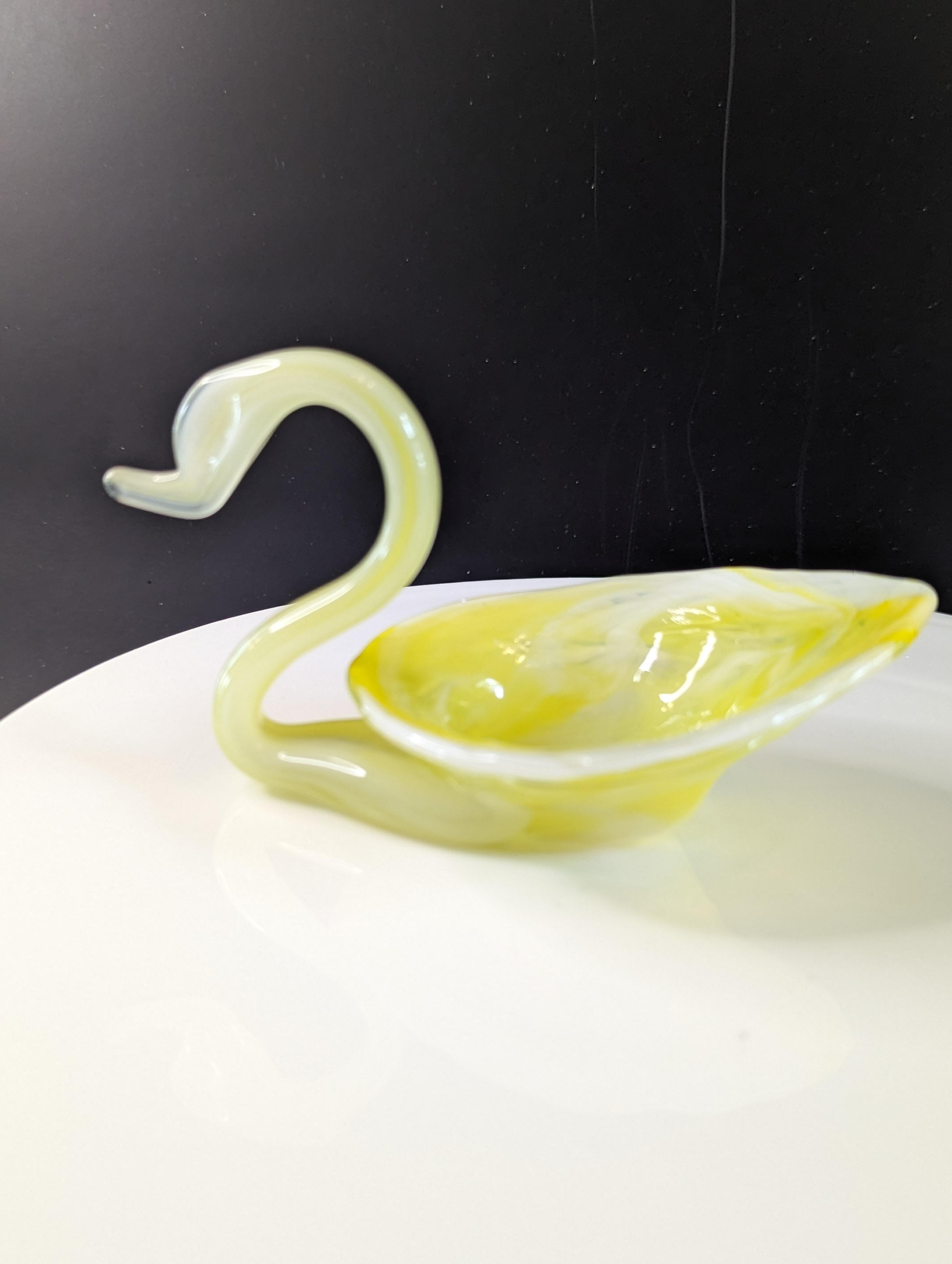 Vintage Blown Glass Swan Dish, Yellow and White Swirl, Elegant Decor