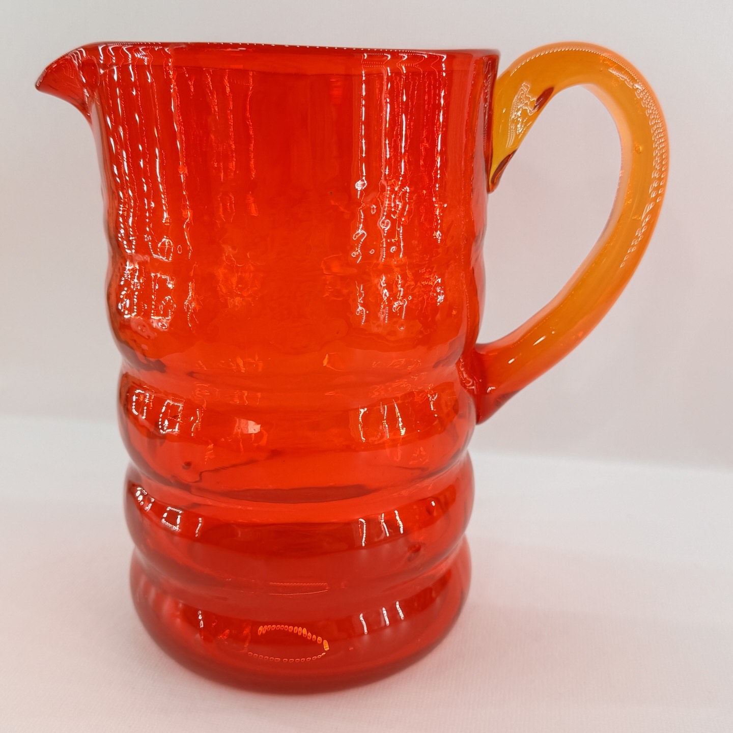 Hand Blown Art Glass Pitcher Translucent Red Orange Ribbed Applied ...