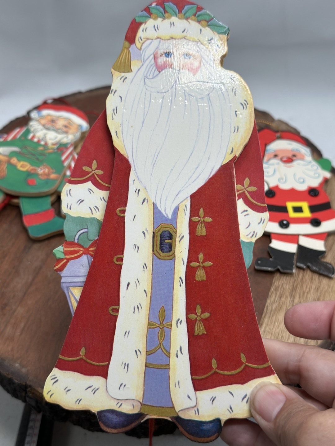 Vintage Wood Pull String Santa Claus Ornaments Lot Of 4