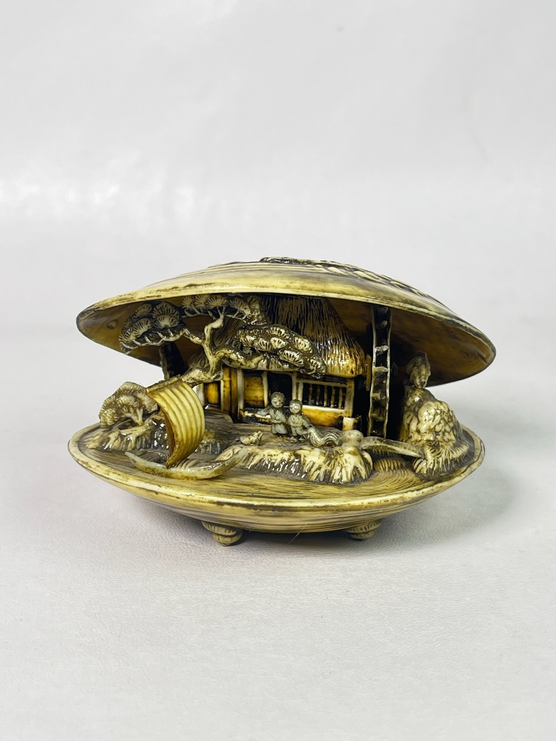 Vintage Japanese Celluloid Carved Clam Shell Diorama w/ Water Wheel ...