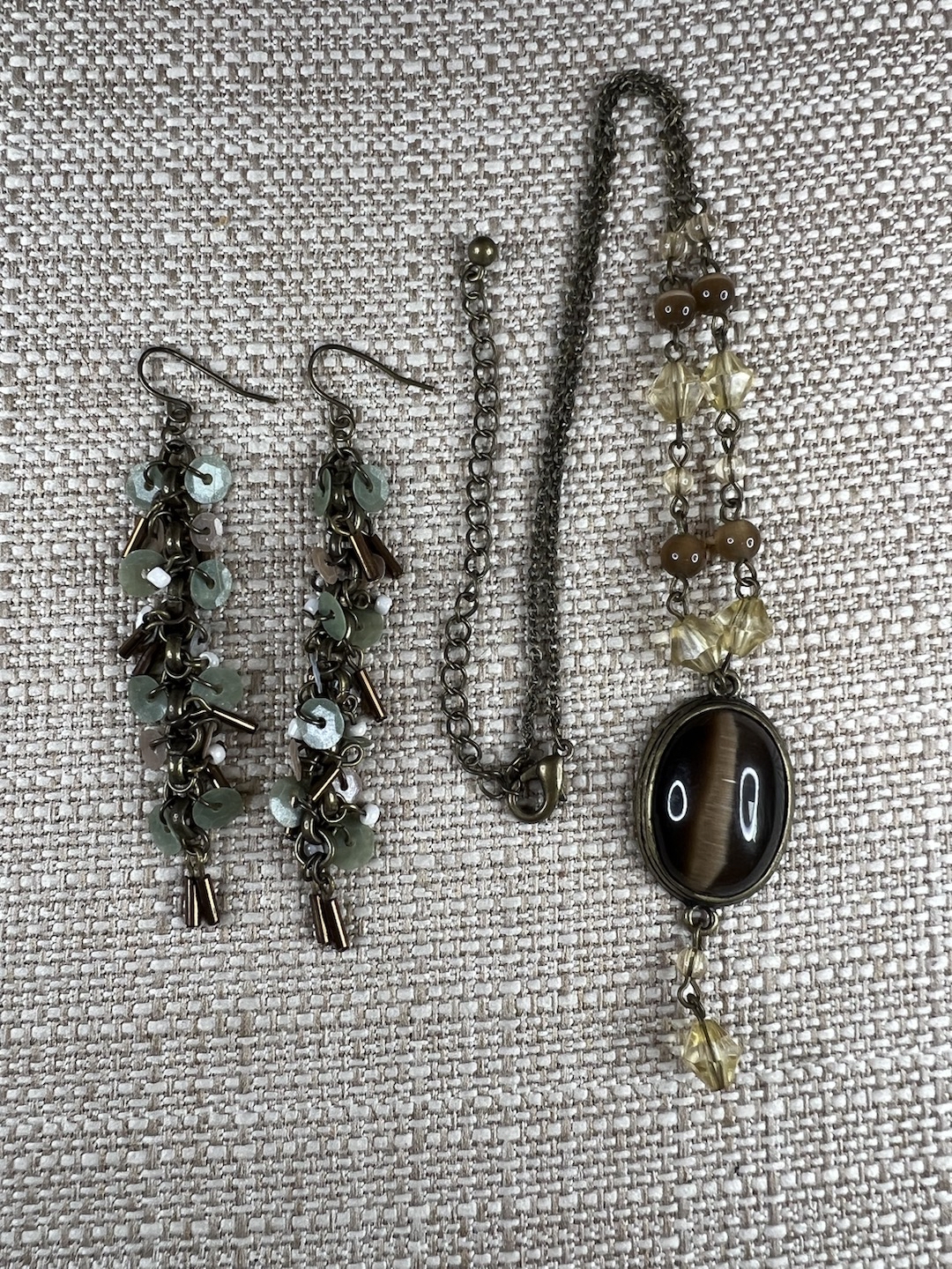 Vintage Faux Tiger Eye Brass Beaded Necklace & Beaded Dangle Earrings