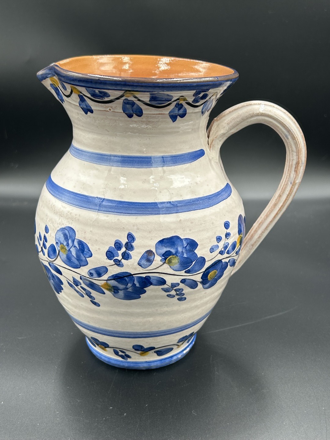 Blue & White Pottery Pitcher Unsigned Glazed Inside