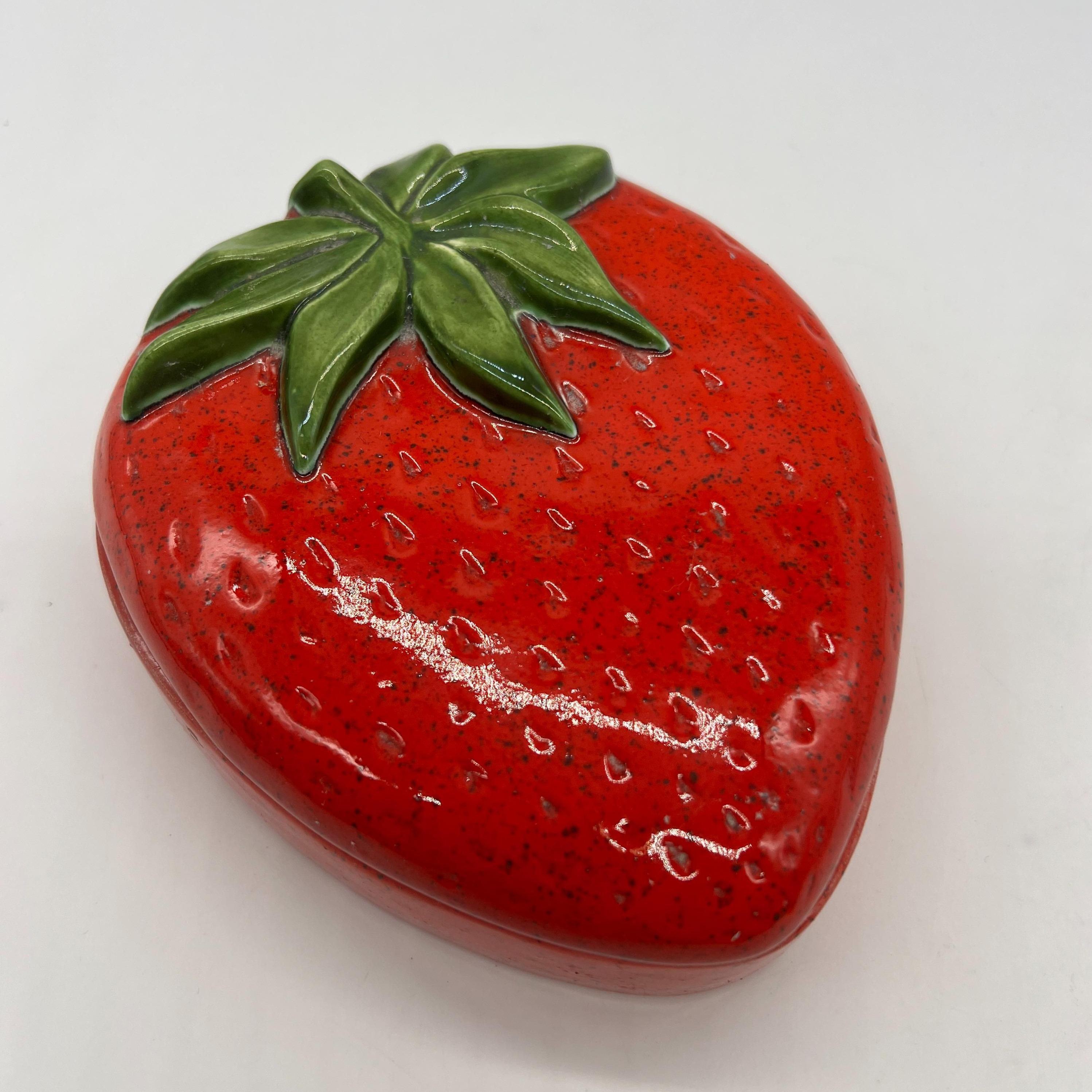Vintage Ceramic Strawberry Shaped Hand Painted Red Trinket Box Candy Dish