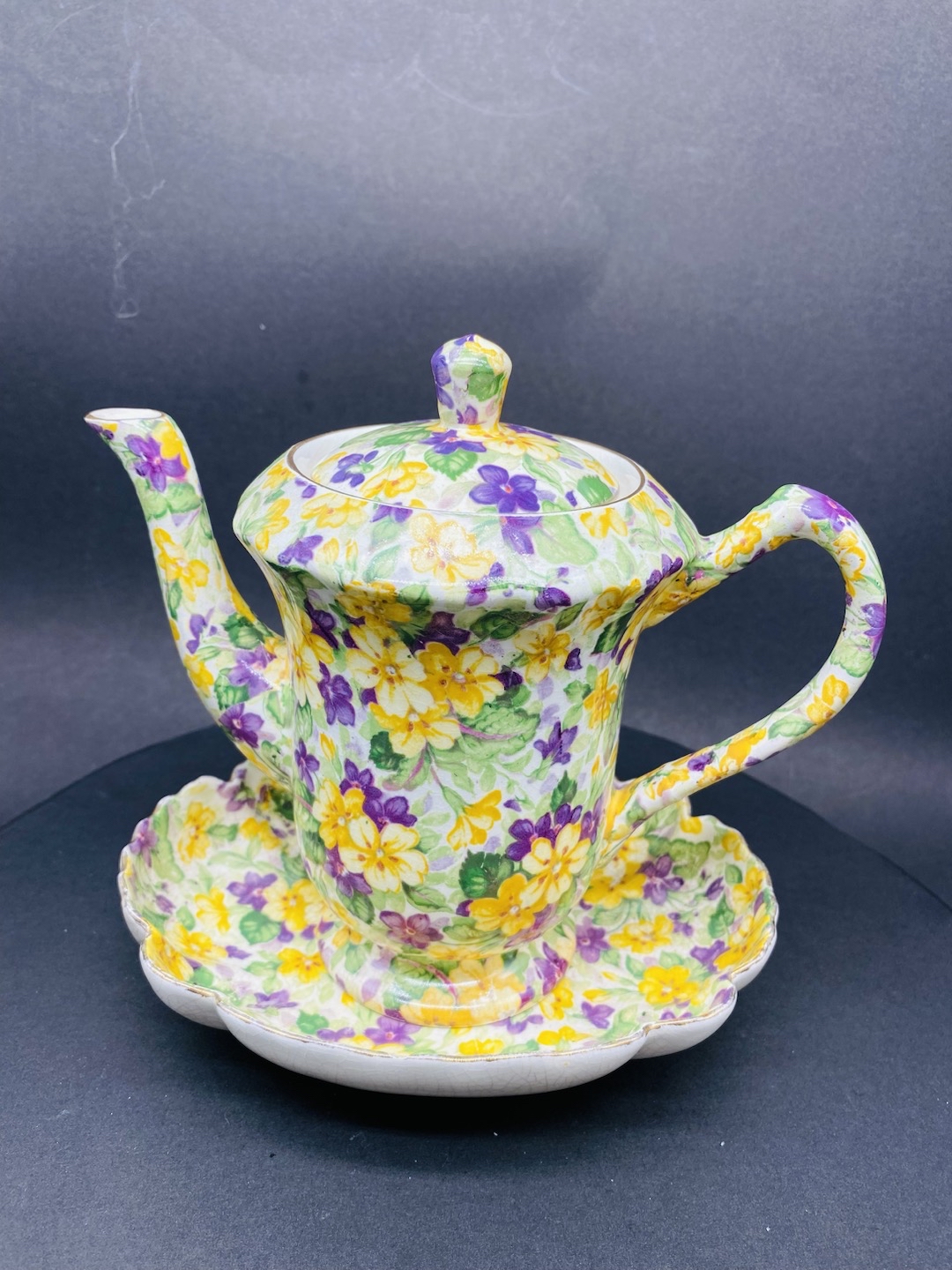 #2100 James Kent Primula Floral Chintz Purple Yellow Tea Pot and Dish ...