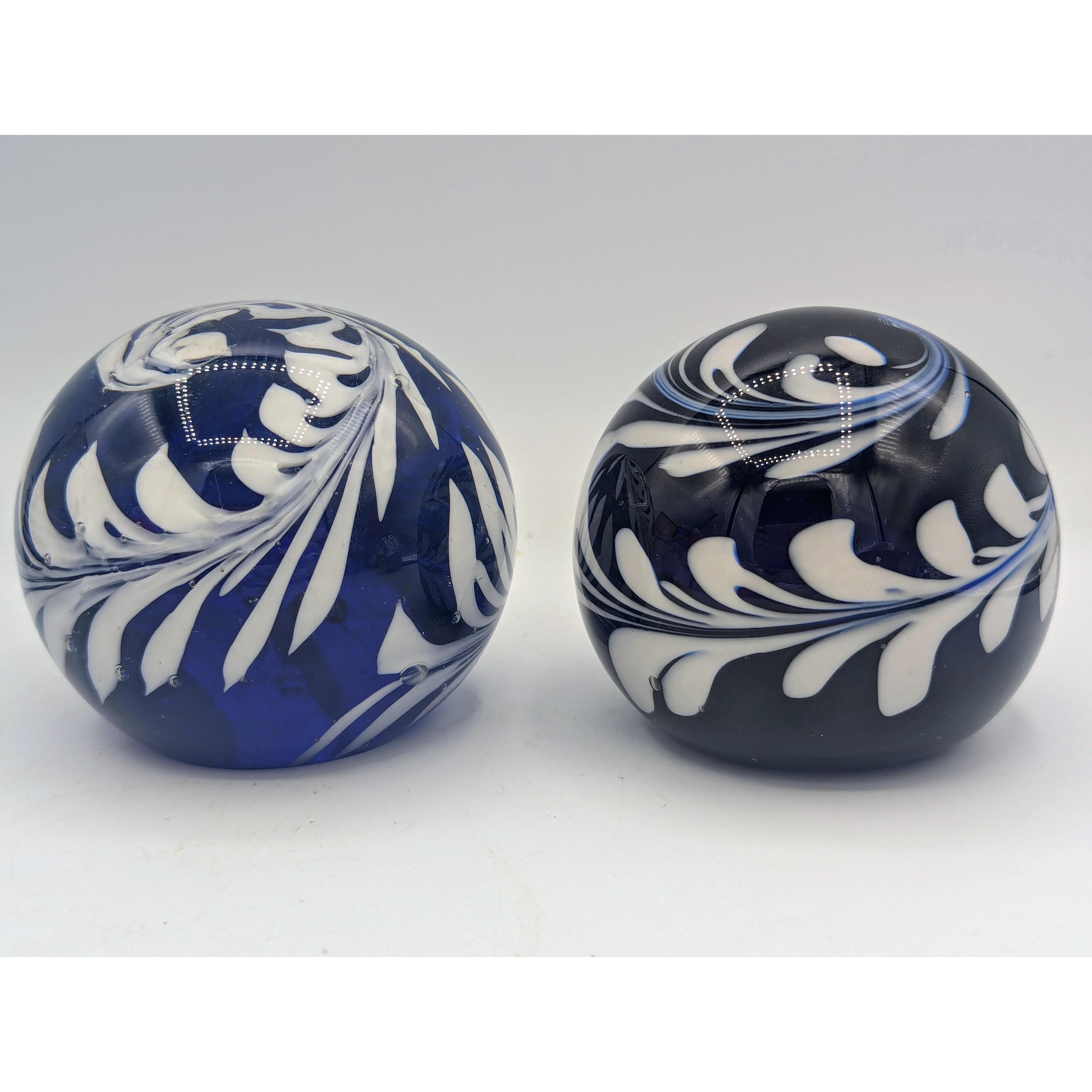 TWO LARGE PAPERWEIGHTS COBALT PLUME VINTAGE