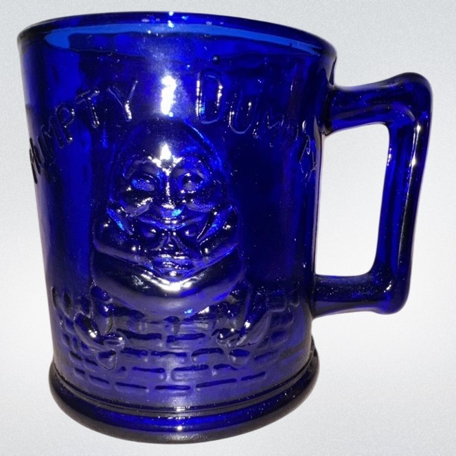 Humpty Dumpty & Tom Cobalt Blue Glass Mug Nursery Rhymes Vintage
