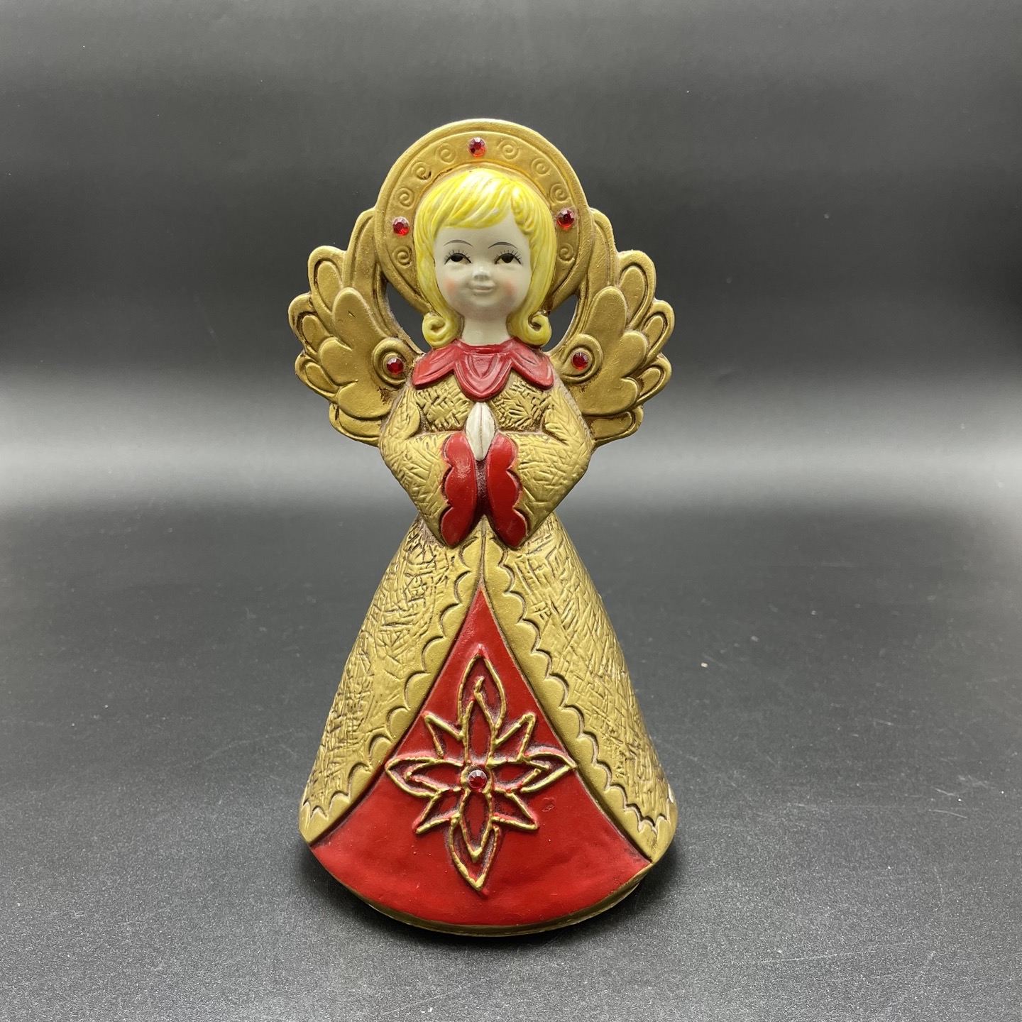 Gold Red Jeweled Angel Christmas Holiday Religious Holy Figurine Kitsch