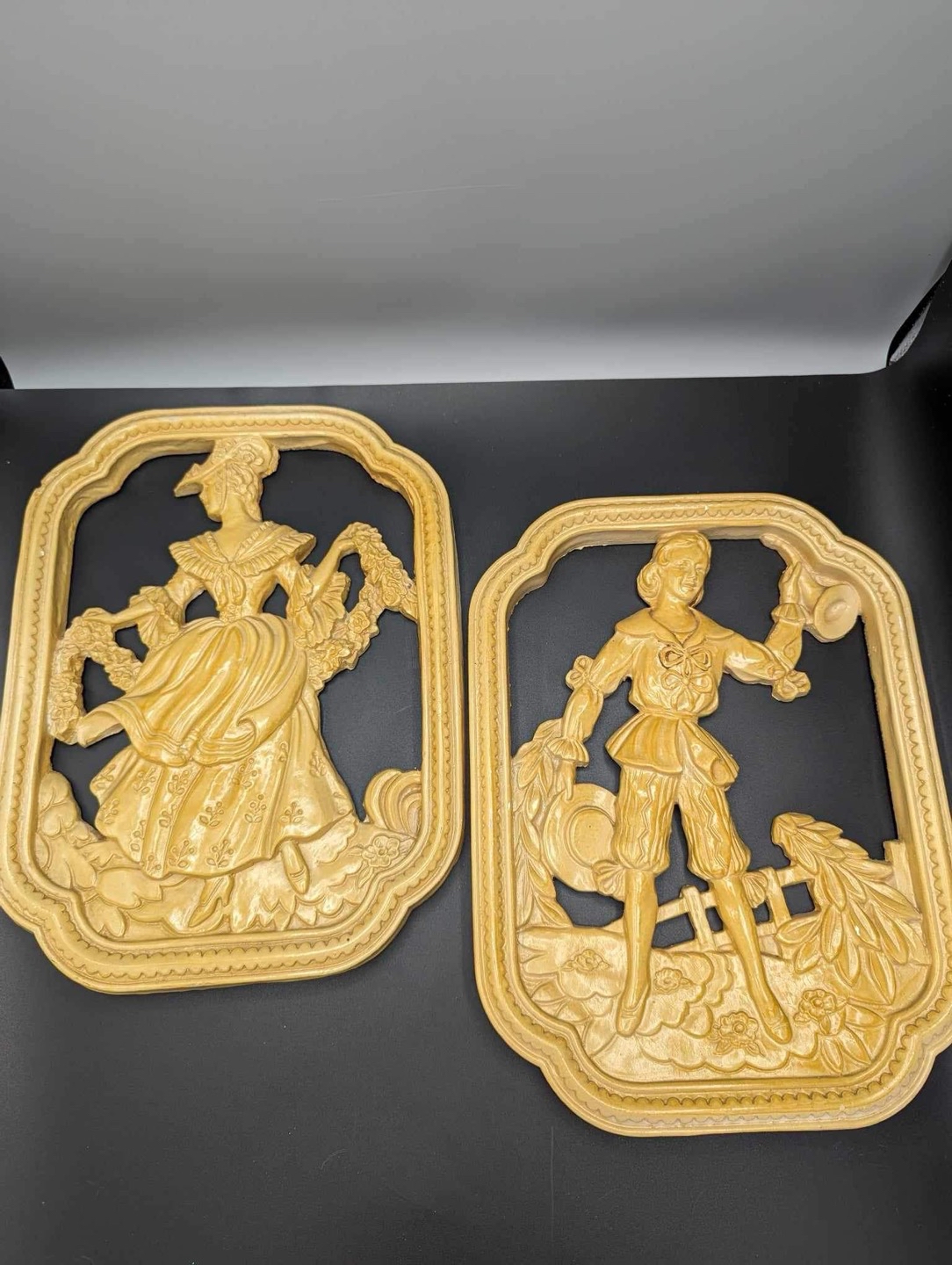 Vtg. Victorian Couple Chalkware 3D Wall Hanging Plaques Set Of 2 12” X ...