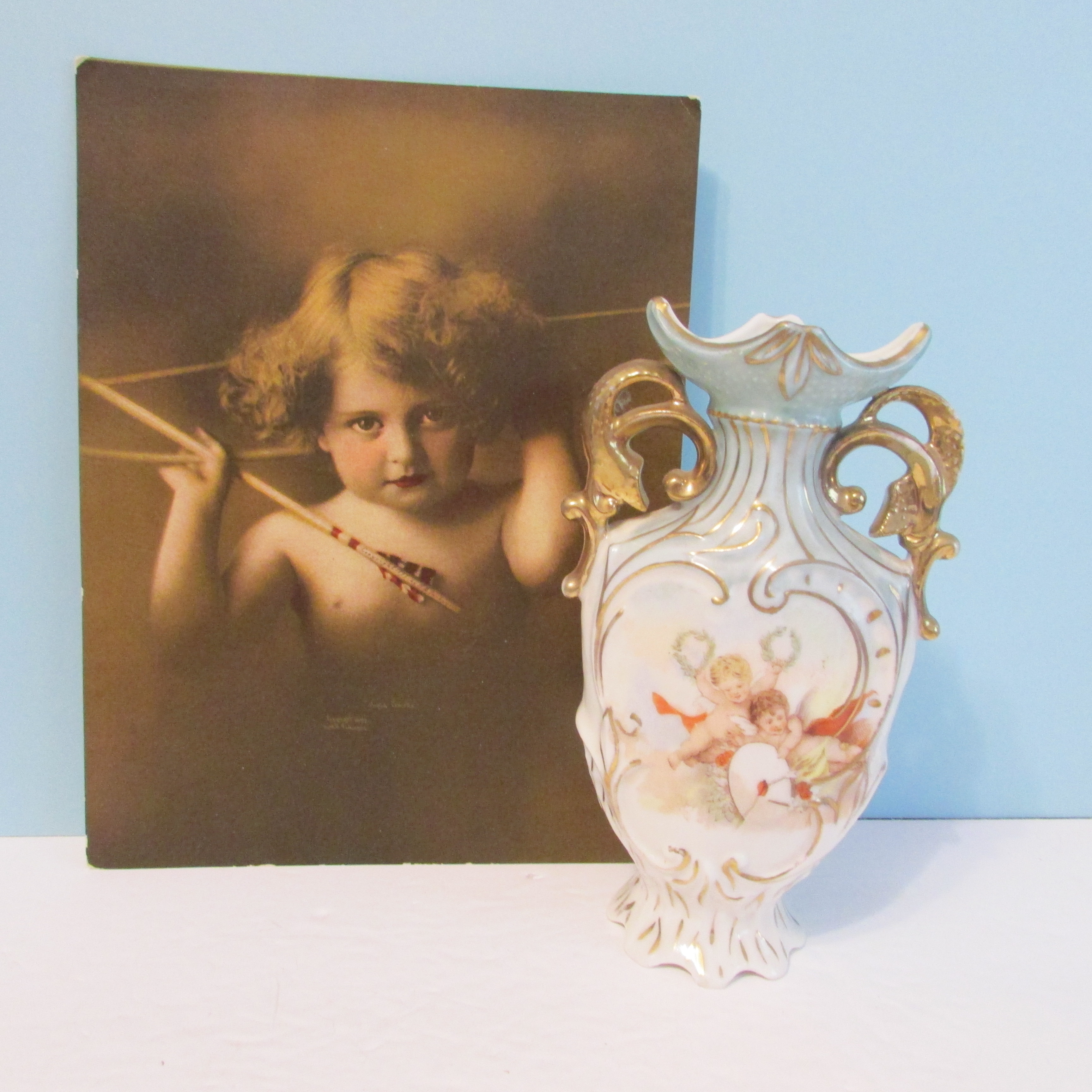 vintage Cupid Awake picture and vase love Valentine decor Victoria ...