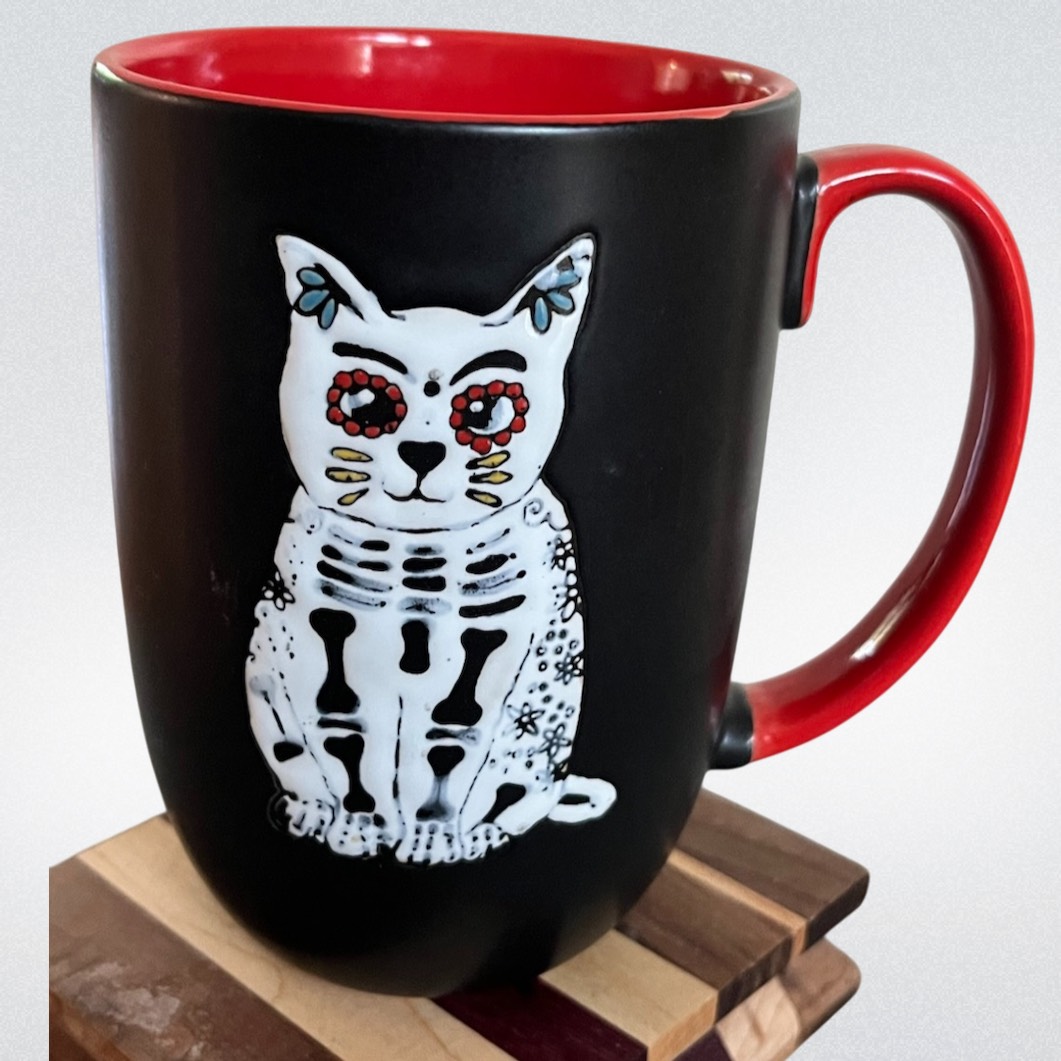 Spectrum Designz "Day of the Dead" or "Sugar Skull" Cat Skeleton Mug- 5” tall, 5” wide- Black w ...
