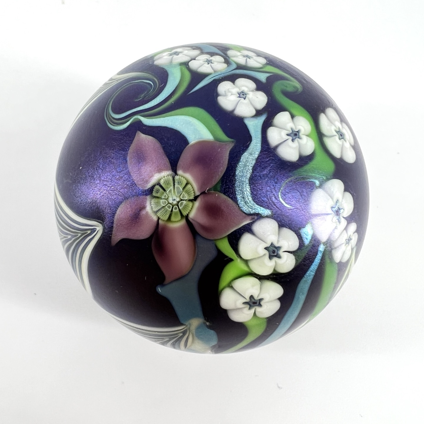 Orient And Flume Pink White Flower Art Glass Paperweight