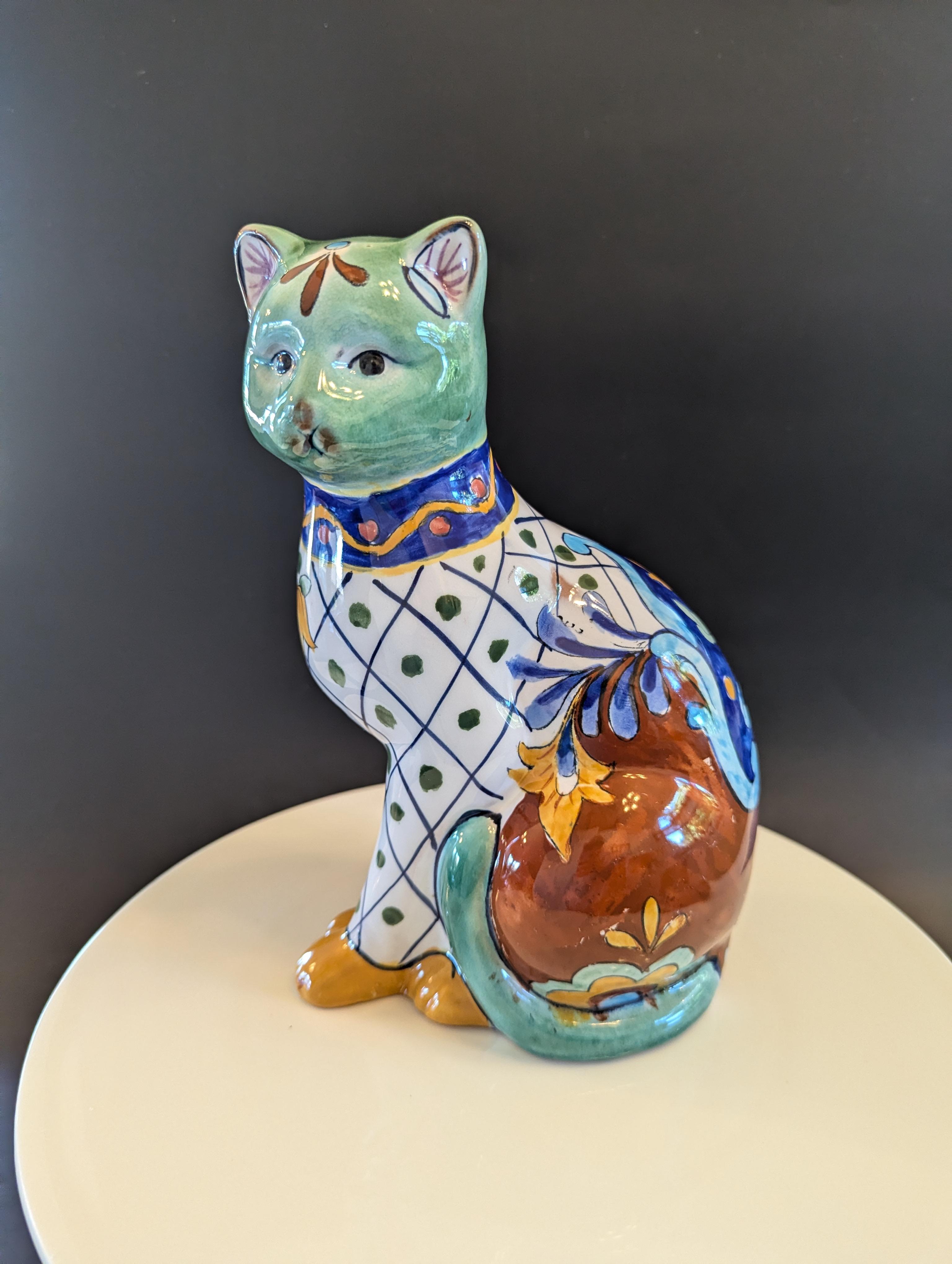 Hand-Painted Ceramic Cat Figurine, Colorful Folk Art Decor