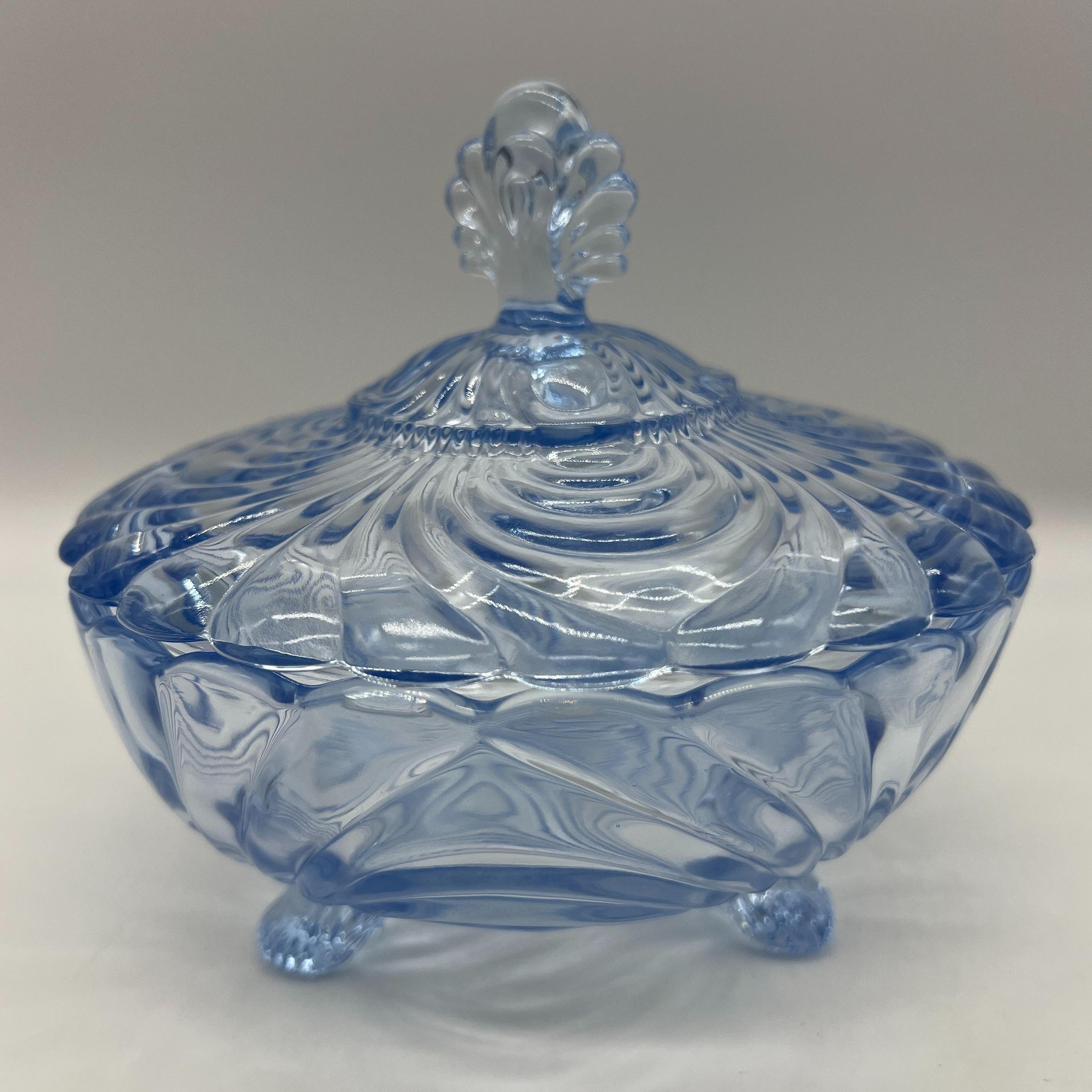 Cambridge Caprice Moonlight Blue 3 Foot Candy Dish & Lid - Depression Glass