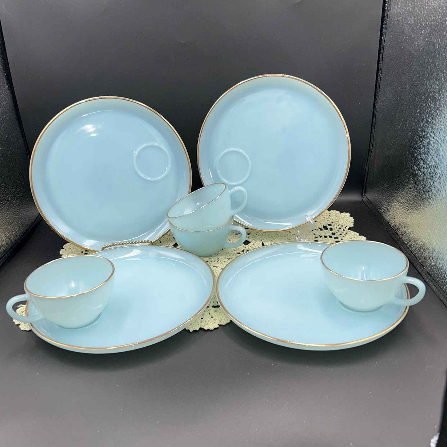 Vintage Anchor Hocking Fire King Turquoise Delphite Blue 8 Piece Snack Set