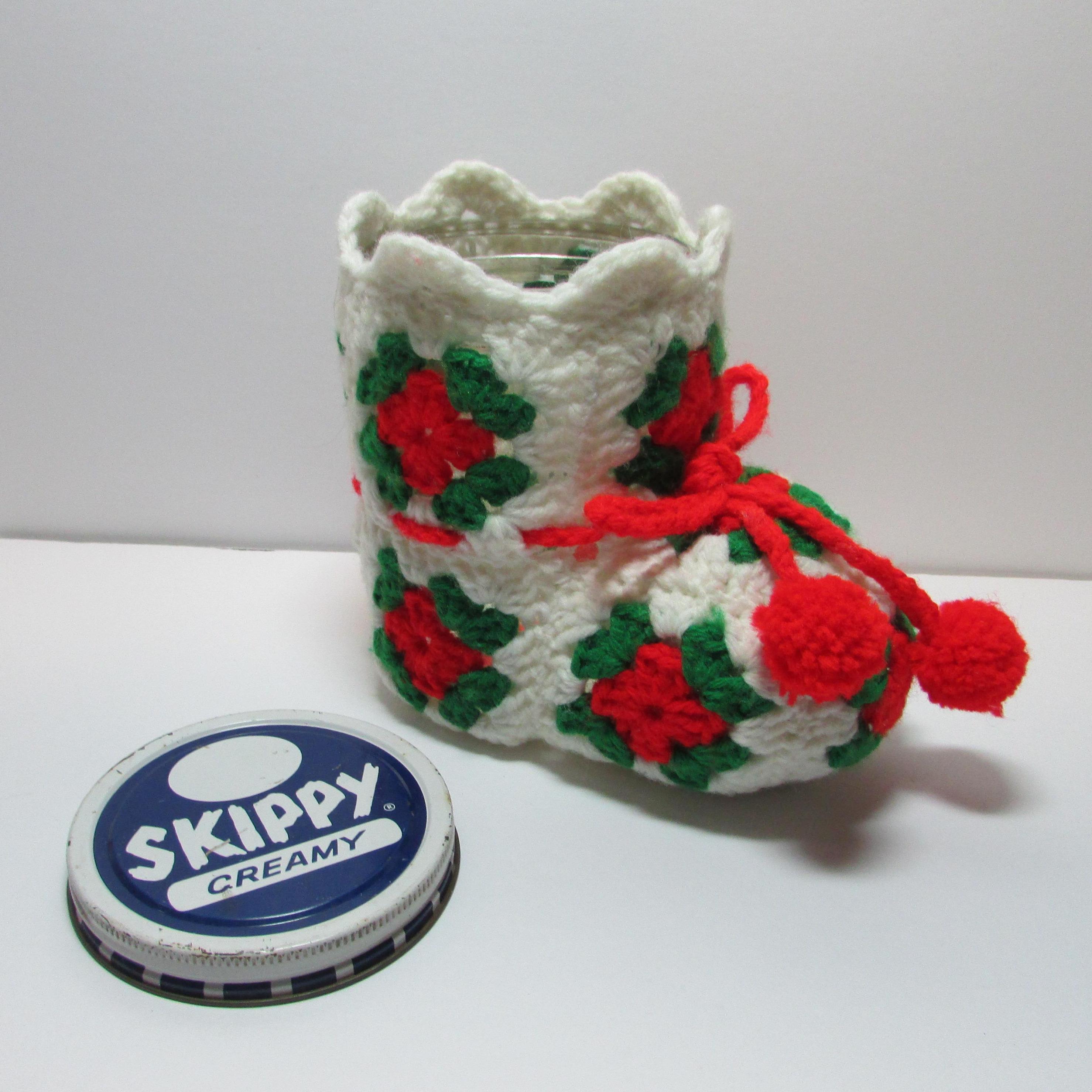 vintage crochet granny square Christmas boot holder with glass Skippy ...