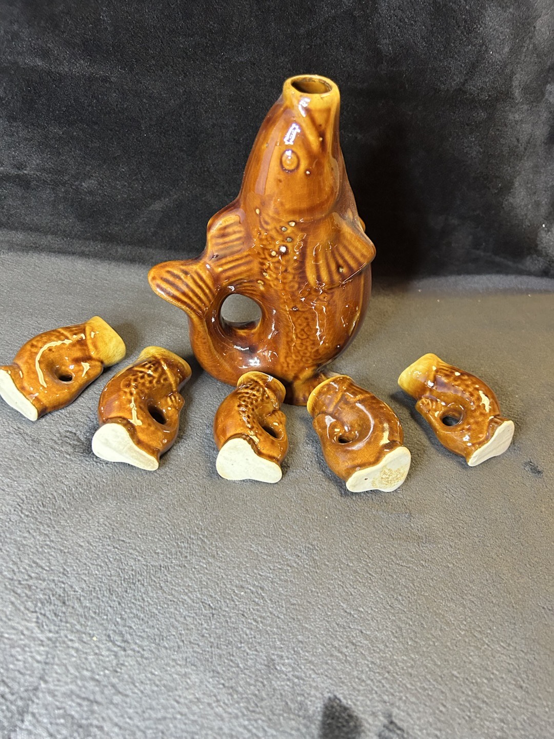 Vintage Glazed Ceramic Fish Decanter W/5 Fish Shot Cups/Glasses Made In ...