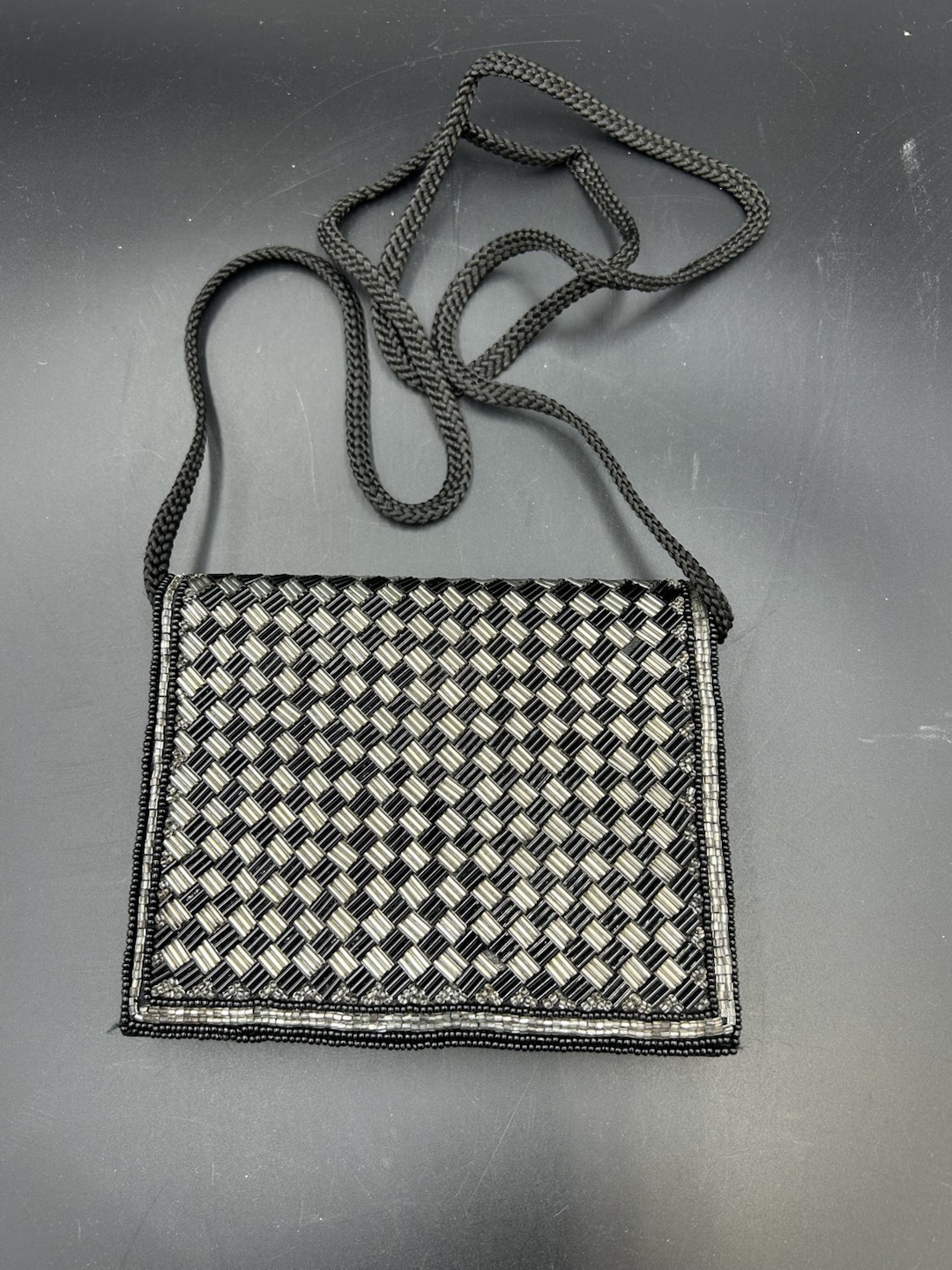 Black & Silver Bugle Bead Checkerboard Design Shoulder Purse