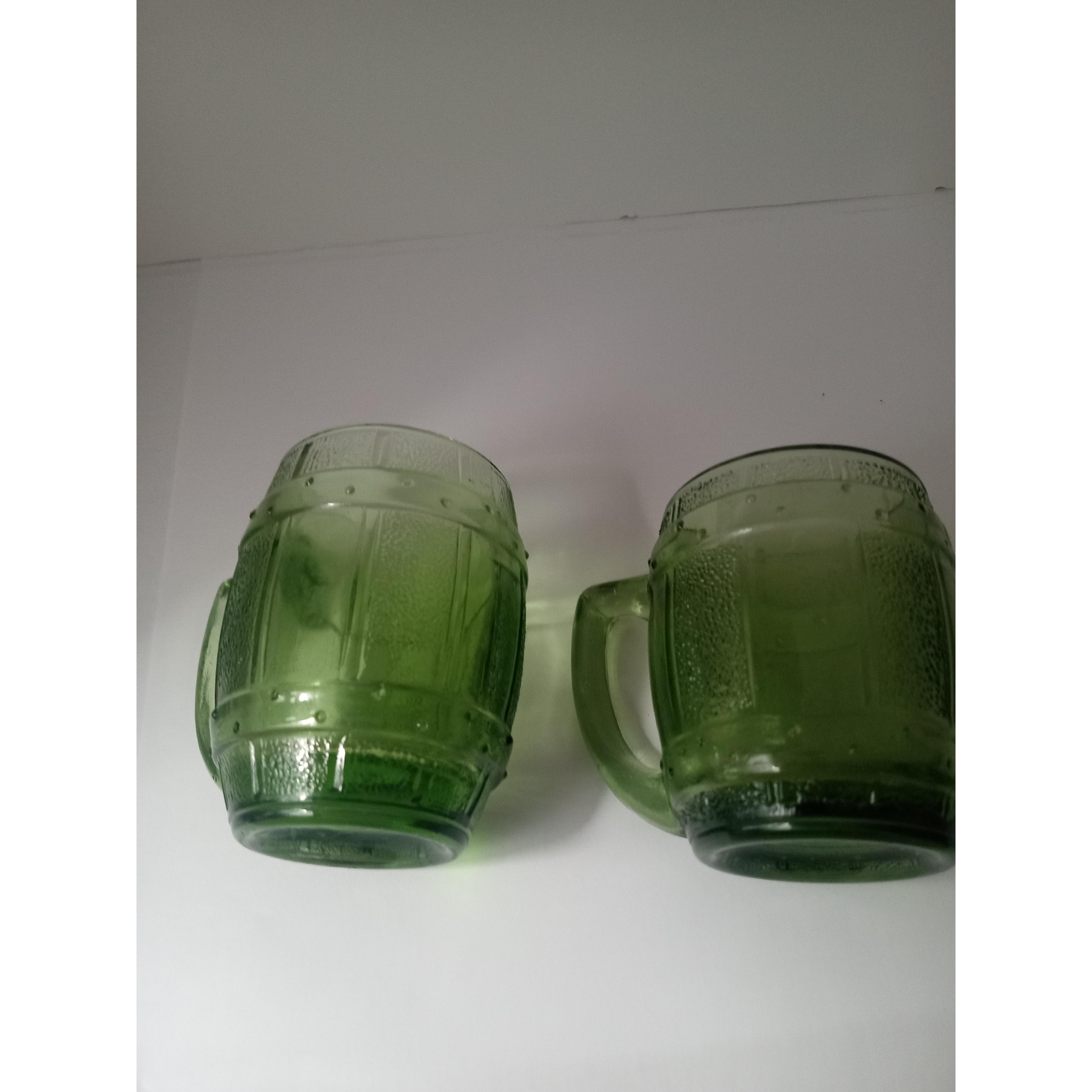 Cute Little Green Glass Barrel Mugs Aprox 4 Inches