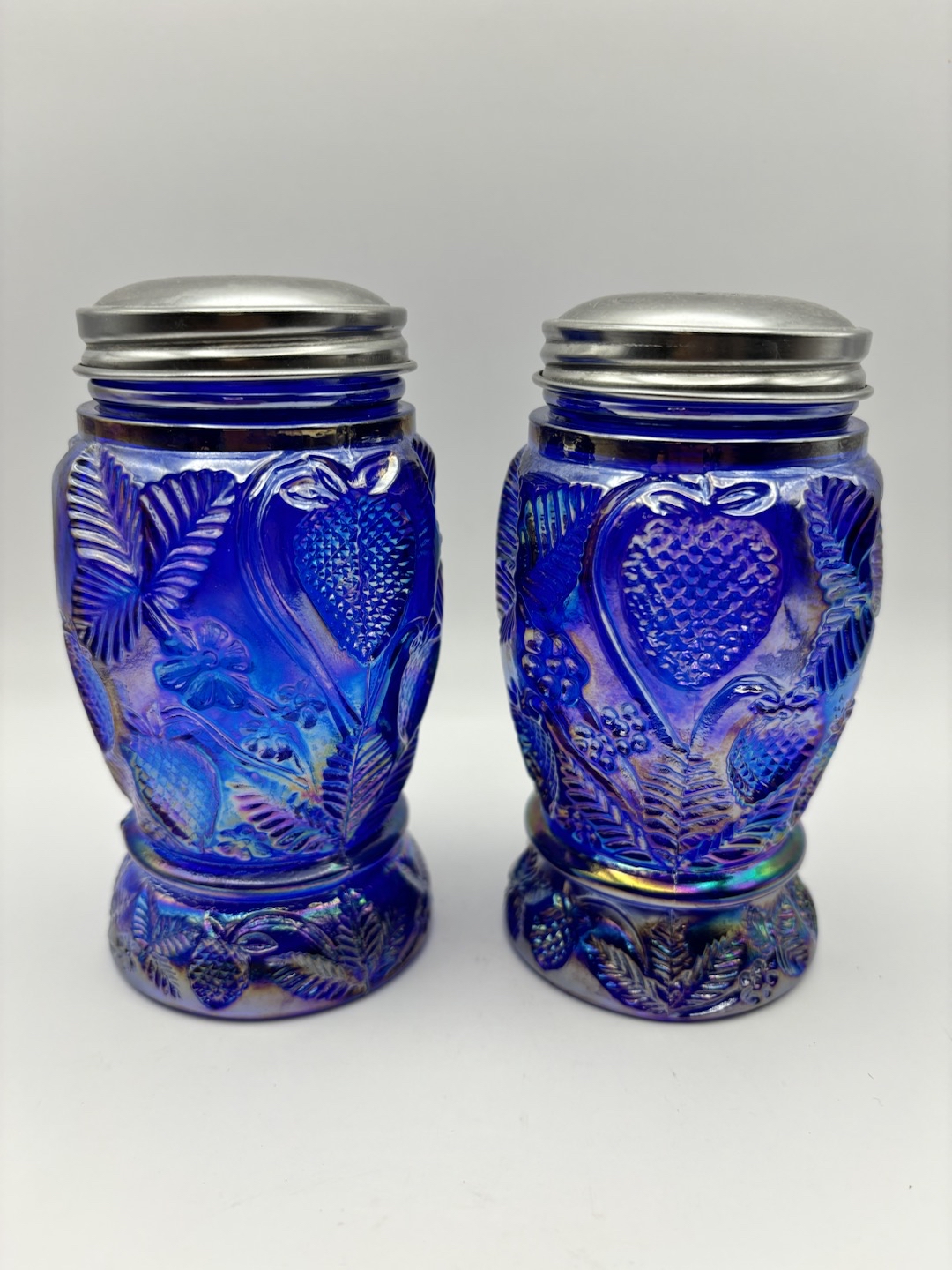 Fenton Blue Carnival Glass Strawberry Design Salt And Pepper Shakers