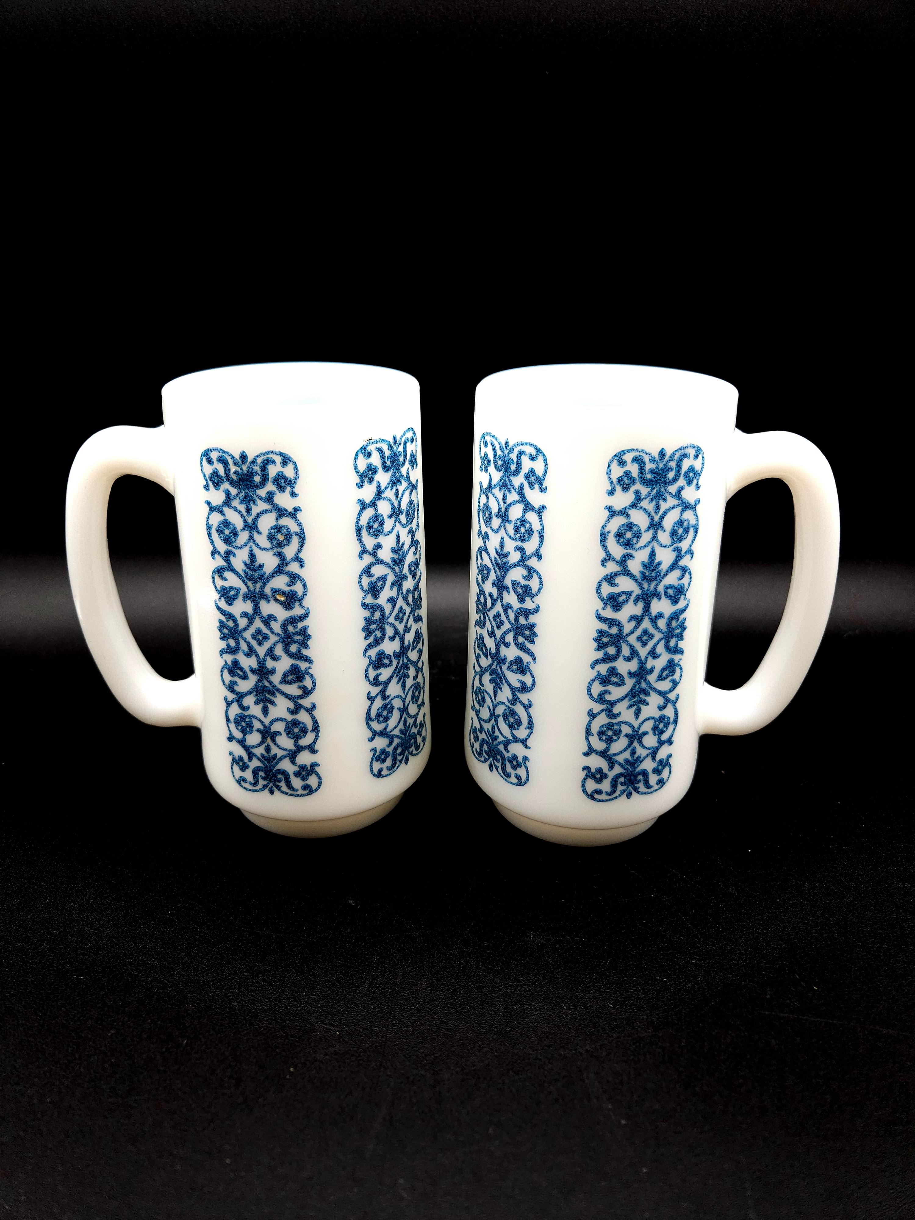 Vintage Embossed Blue Flower Scroll Milk Glass Mugs Tall Handle Rare HTF