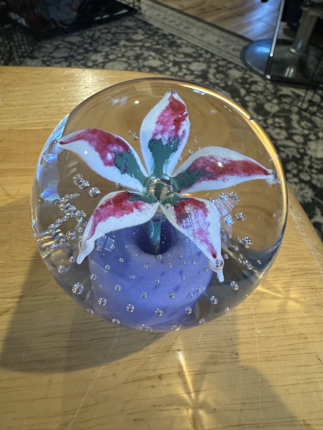 Signed Wheaton Village Art Glass White& Pink Flower W/ Purple Cushion ...