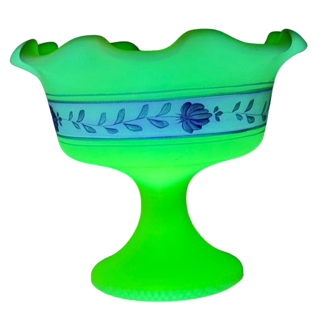 FENTON Signed Satin Finished Vaseline Yellow Footed Bowl / Ruffled Egde ...