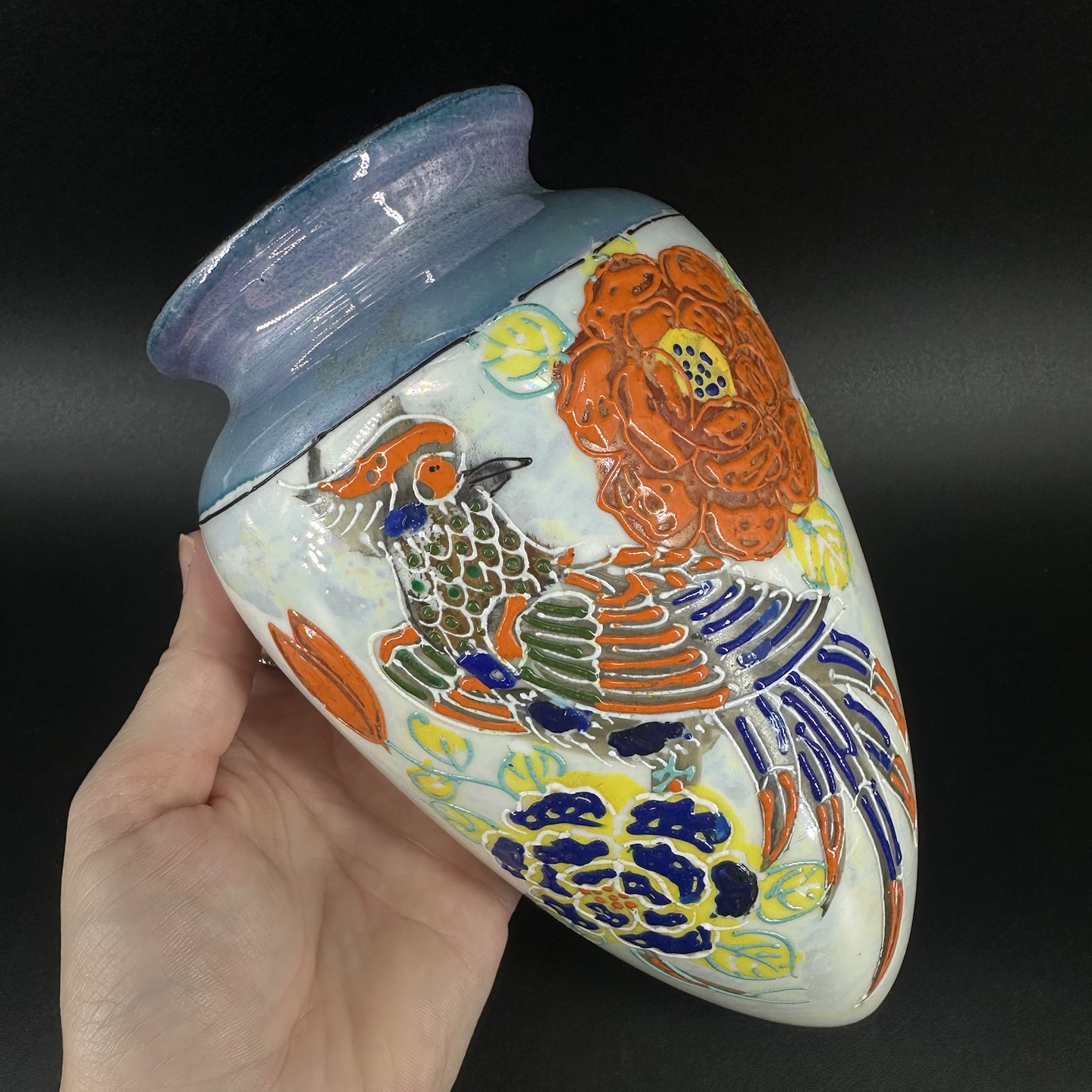 Hand Painted Ceramic Moriage Phoenix Lusterware Wall Pocket