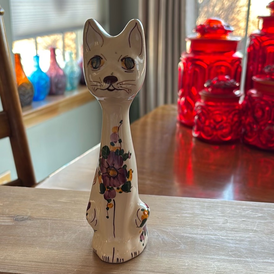 Long Neck Cat Floral Hand Painted And Signed