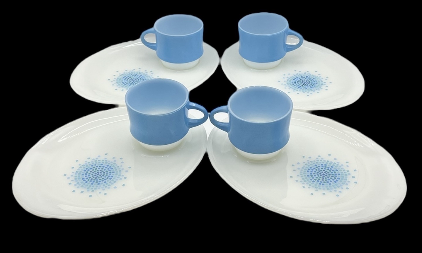 Set Of 4 Vintage Fire-King Glass Blue Mosaic Luncheon Plates w/ Cups ...
