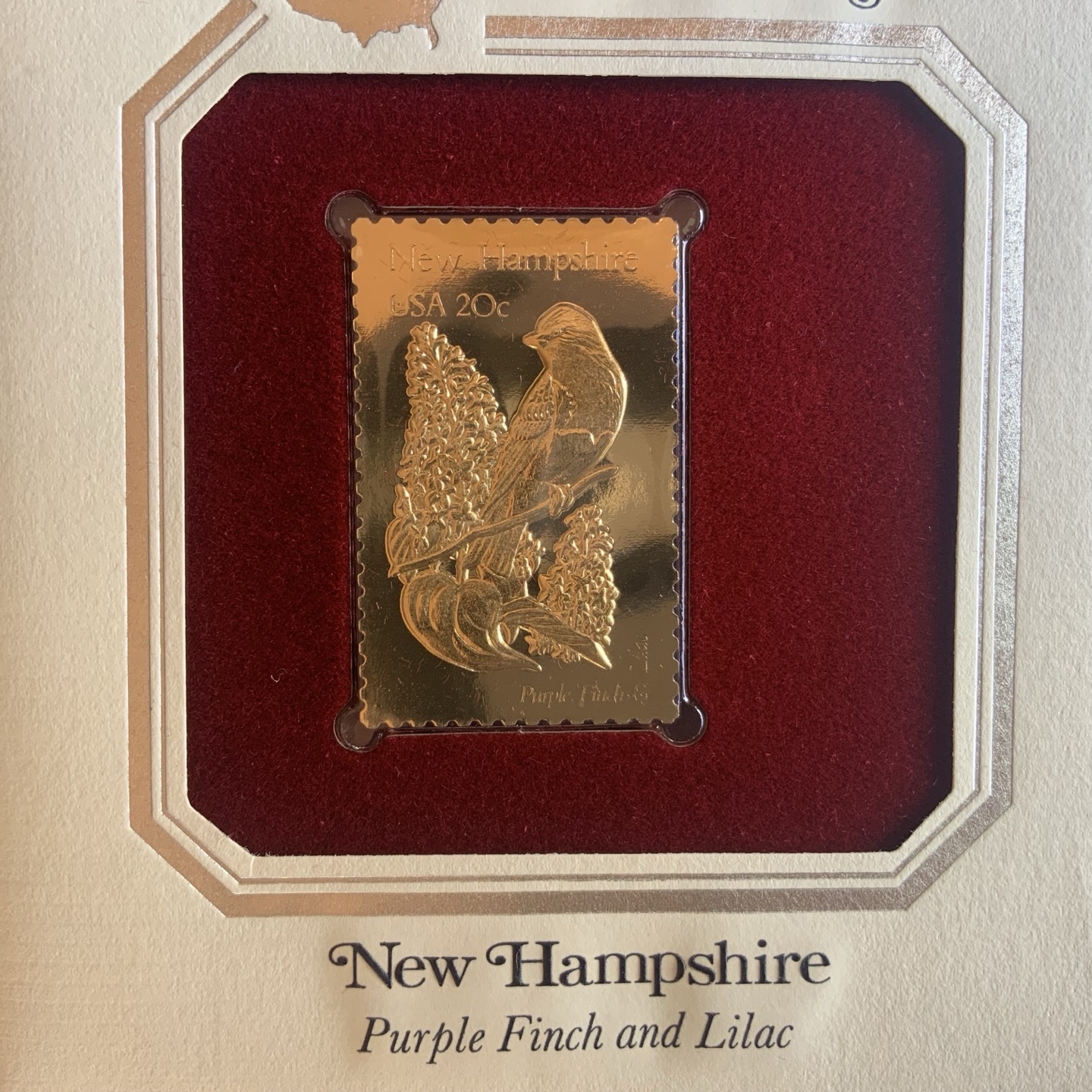 NEW HAMPSHIRE Purple Finch & Lilac 22kt Gold Leaf Stamp Replica w FDI ...