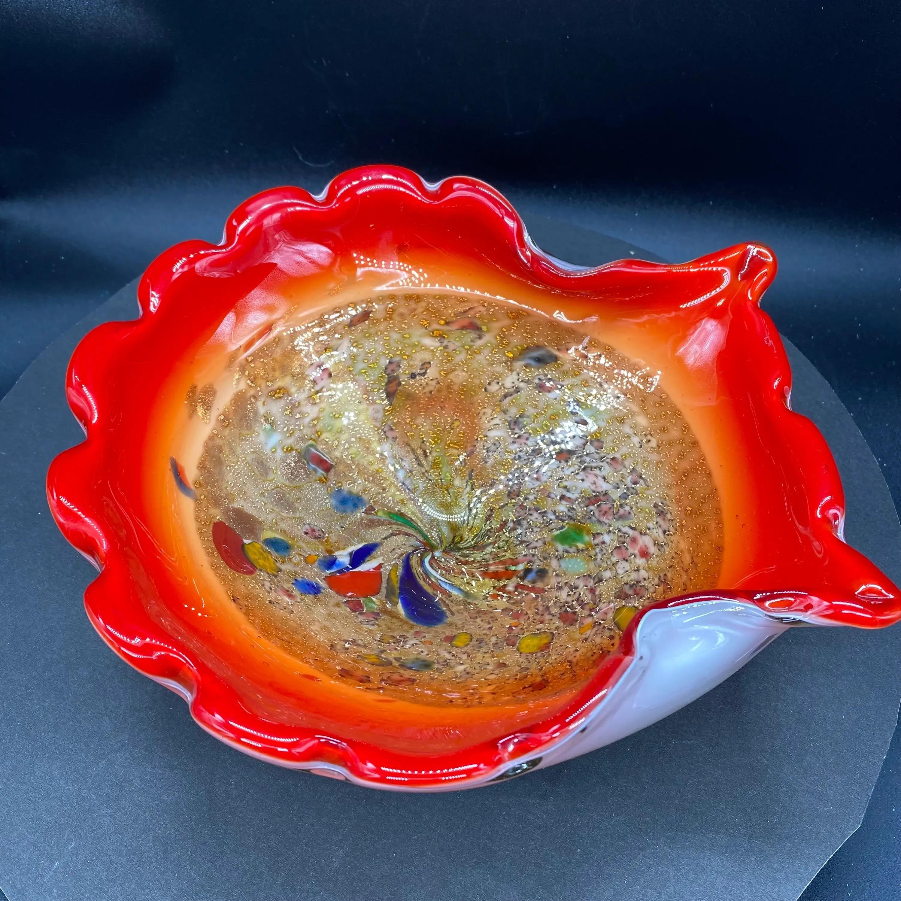 13 Murano Bowl Orange Multicoloured Tide Pool Large Art Glass Centerpiece