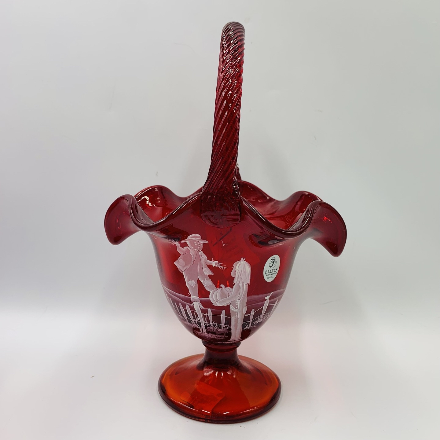 17. Fenton Ruby Red Glass Basket With Mary Gregory Style Scarecrow Fall ...