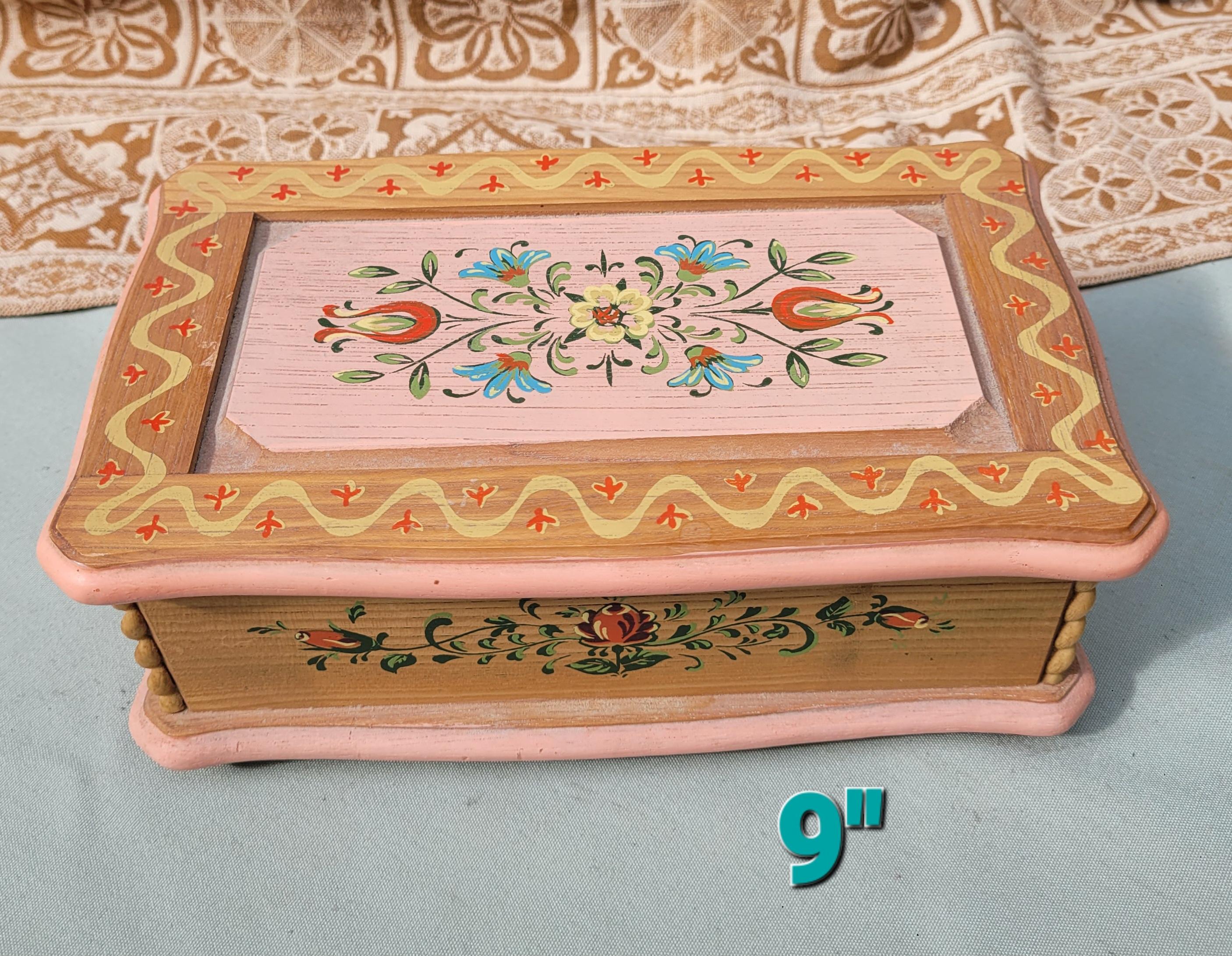 Vintage Hand-Painted Anri Style Wooden Jewelry Music Box Made In Japan