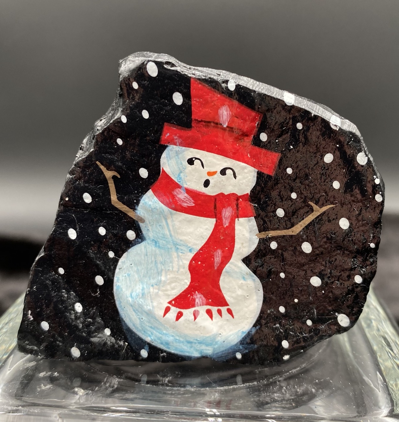 Hand-Painted Snowman Black Rock, M. Glass, Handmade Christmas Decoration