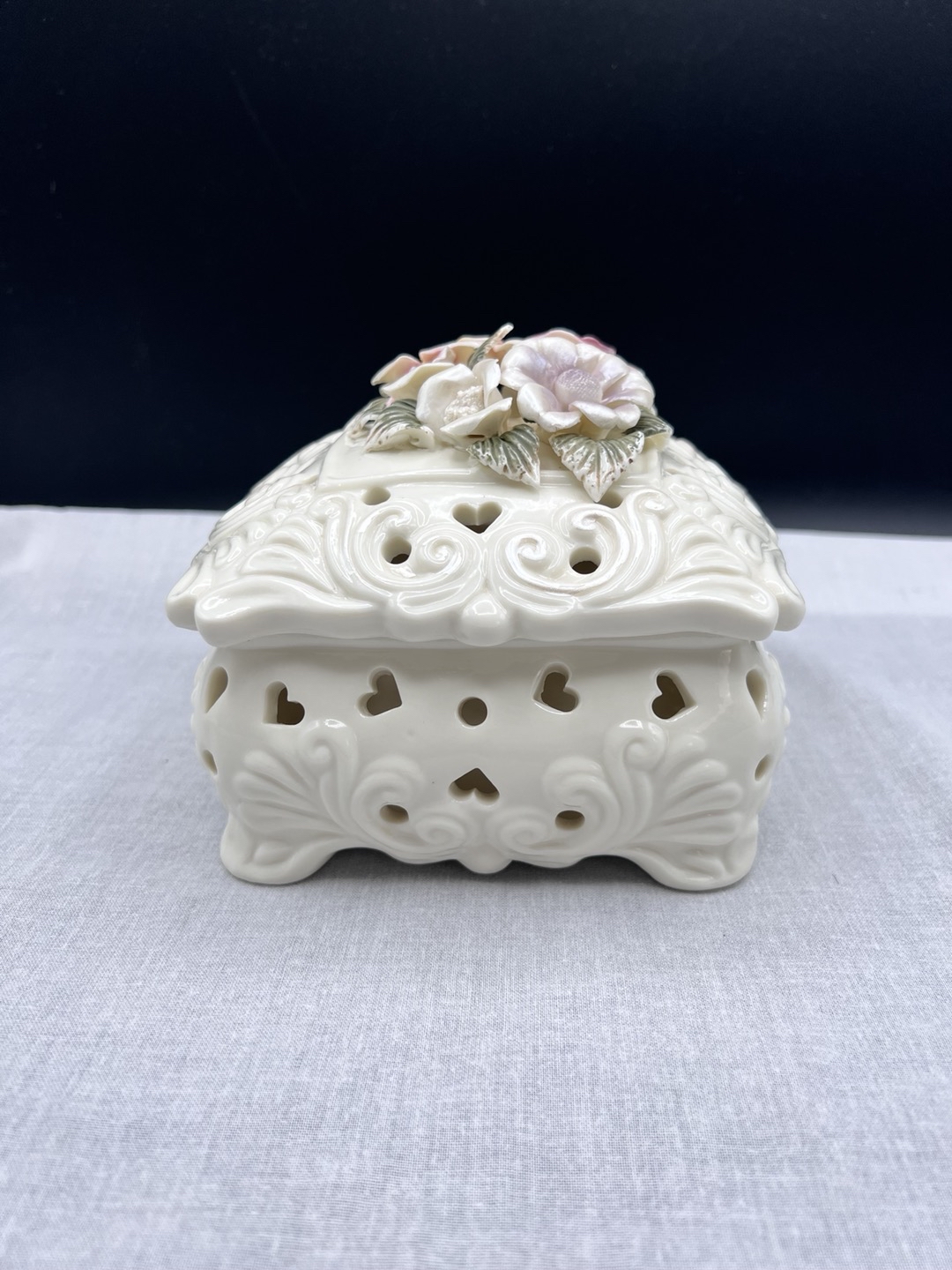 Large Vintage Square Ceramic Trinket Box, Hand Painted and with Applied ...