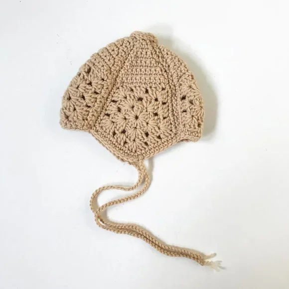 Crochet Beige Cream Tan Bonnet Winter Hat Cap with Ear Flaps