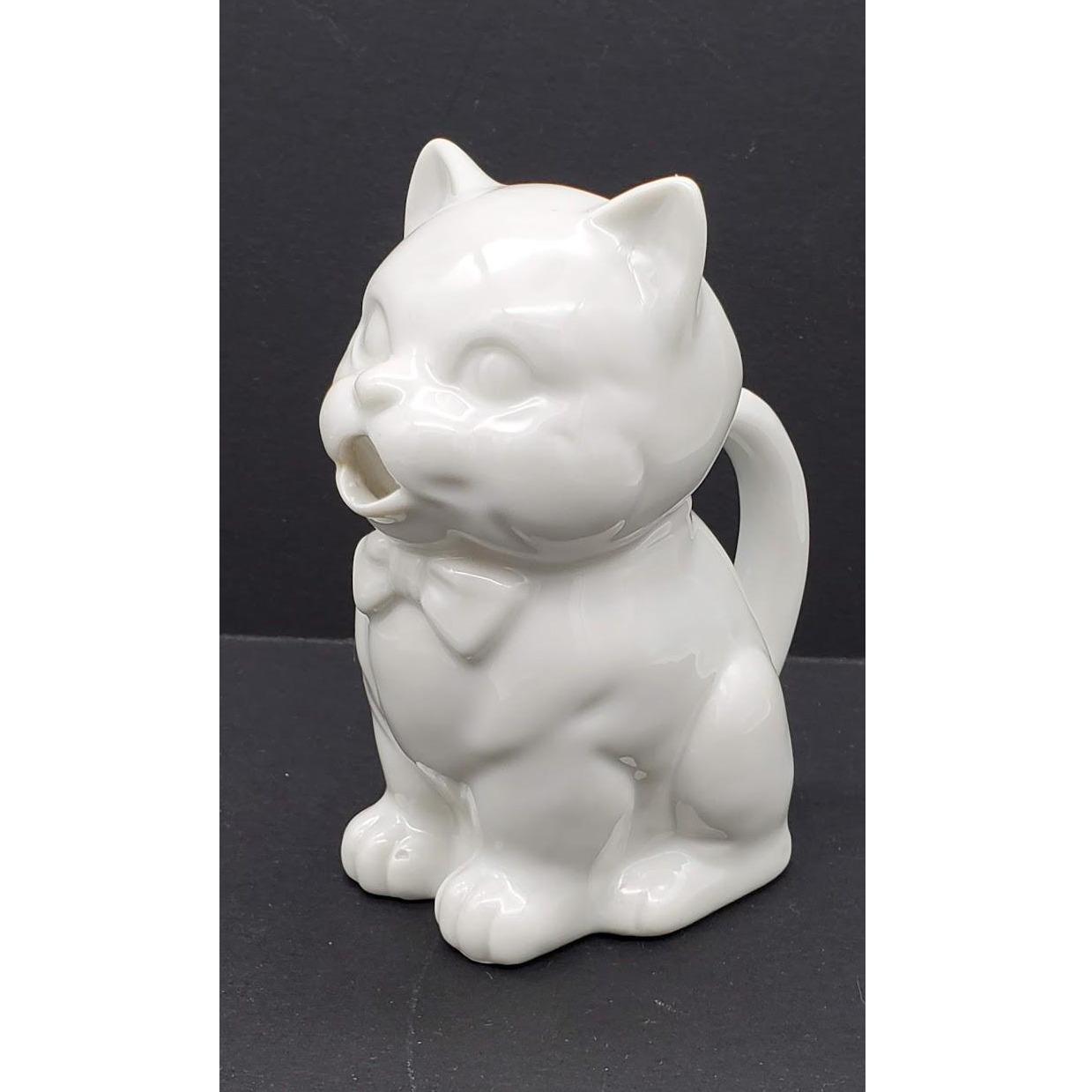 Vintage Ceramic Glazed Creamer Pitcher White Cat With Bowtie