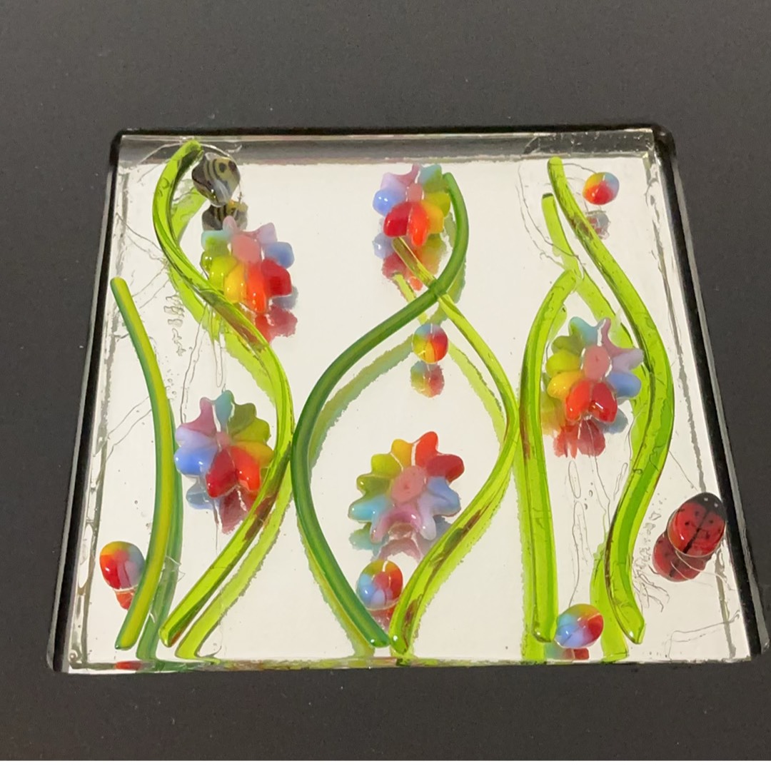 SIG Made by Me! Fused Glass Framed with 3D Flowers with Bee & Ladybug ...