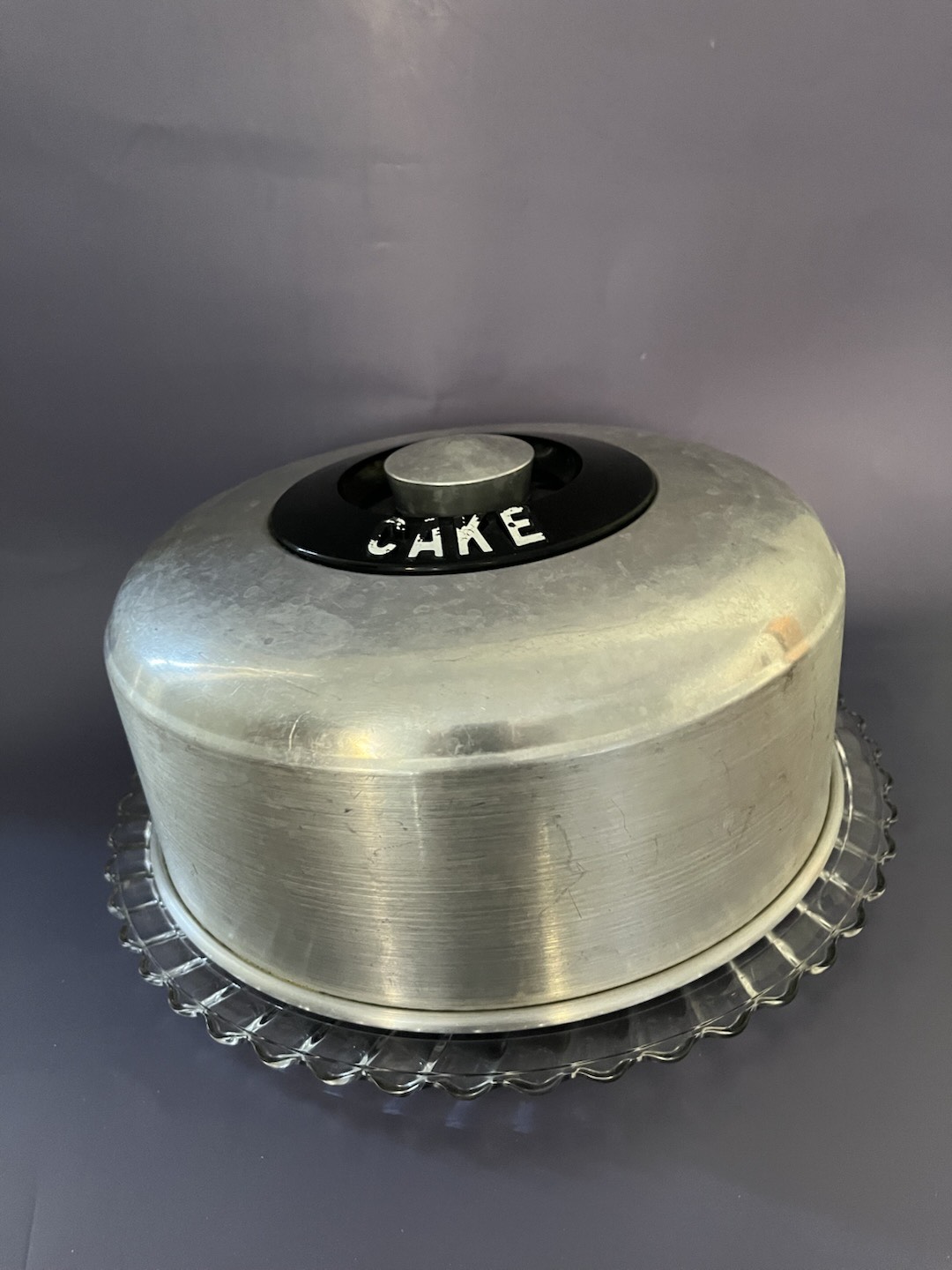 Vintage KROMEX Spun Aluminum Cake Cover and Footed Glass Dish