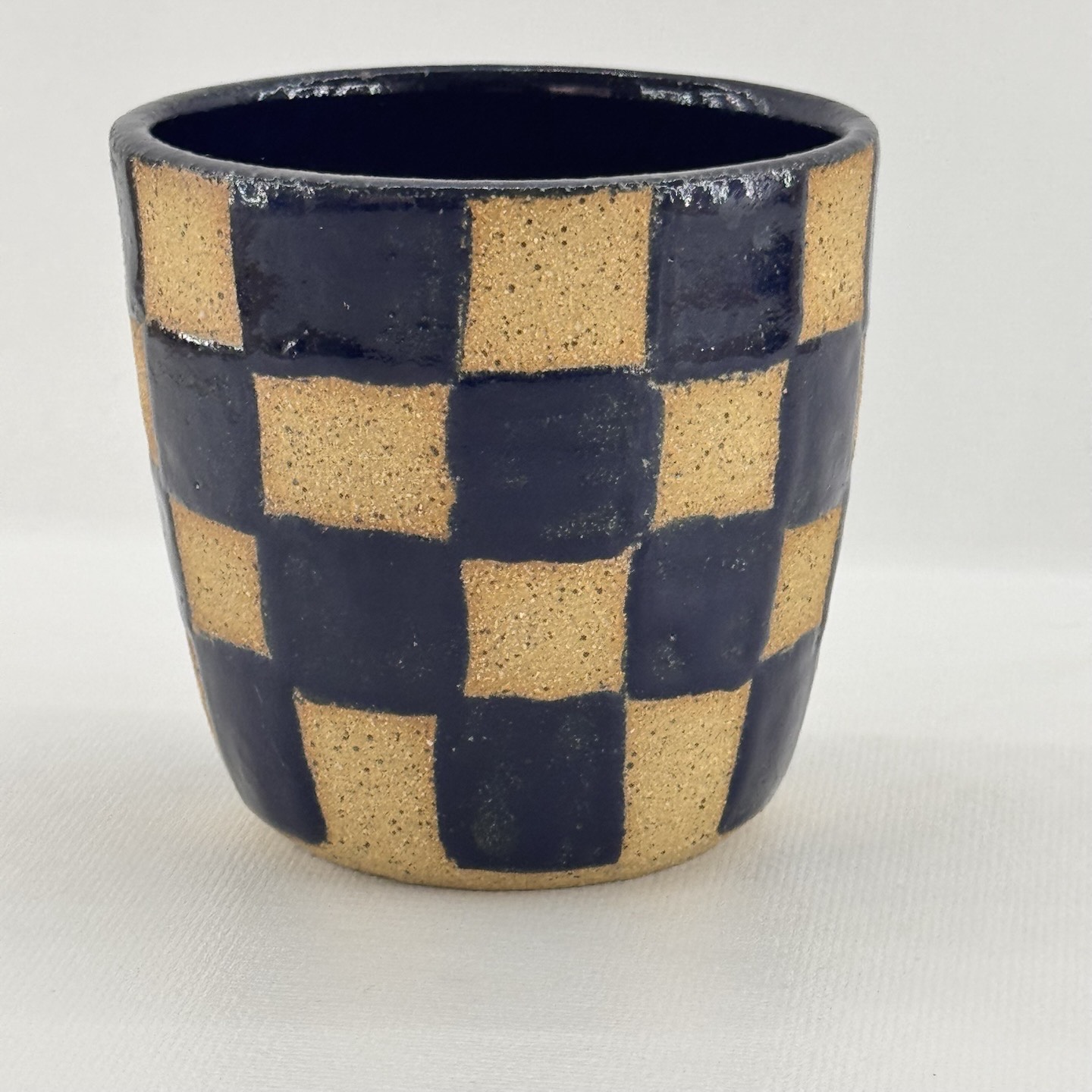 Handmade Studio Art Pottery Checkered Planter Navy Blue & Brown 3.5" Tall