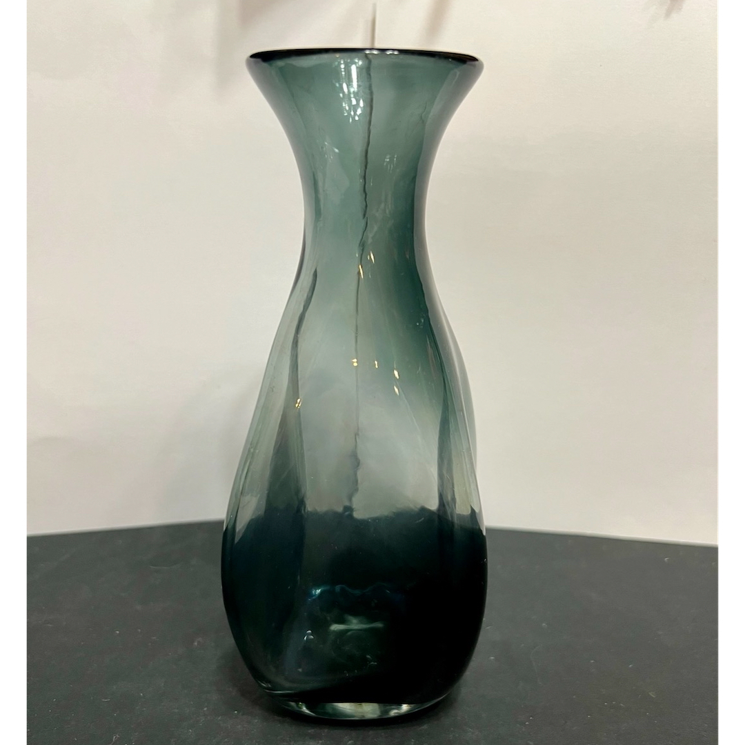 Smokey Blue Art Glass Pinched Vase ~7x3"
