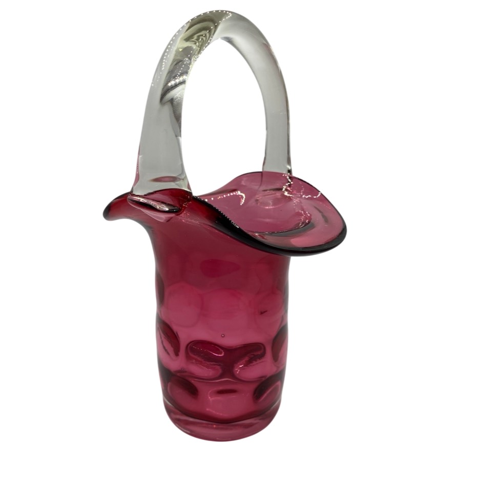 Glass Cranberry Basket, Inverted Thumbprint, Clear Applied Handle, 8.5 ...