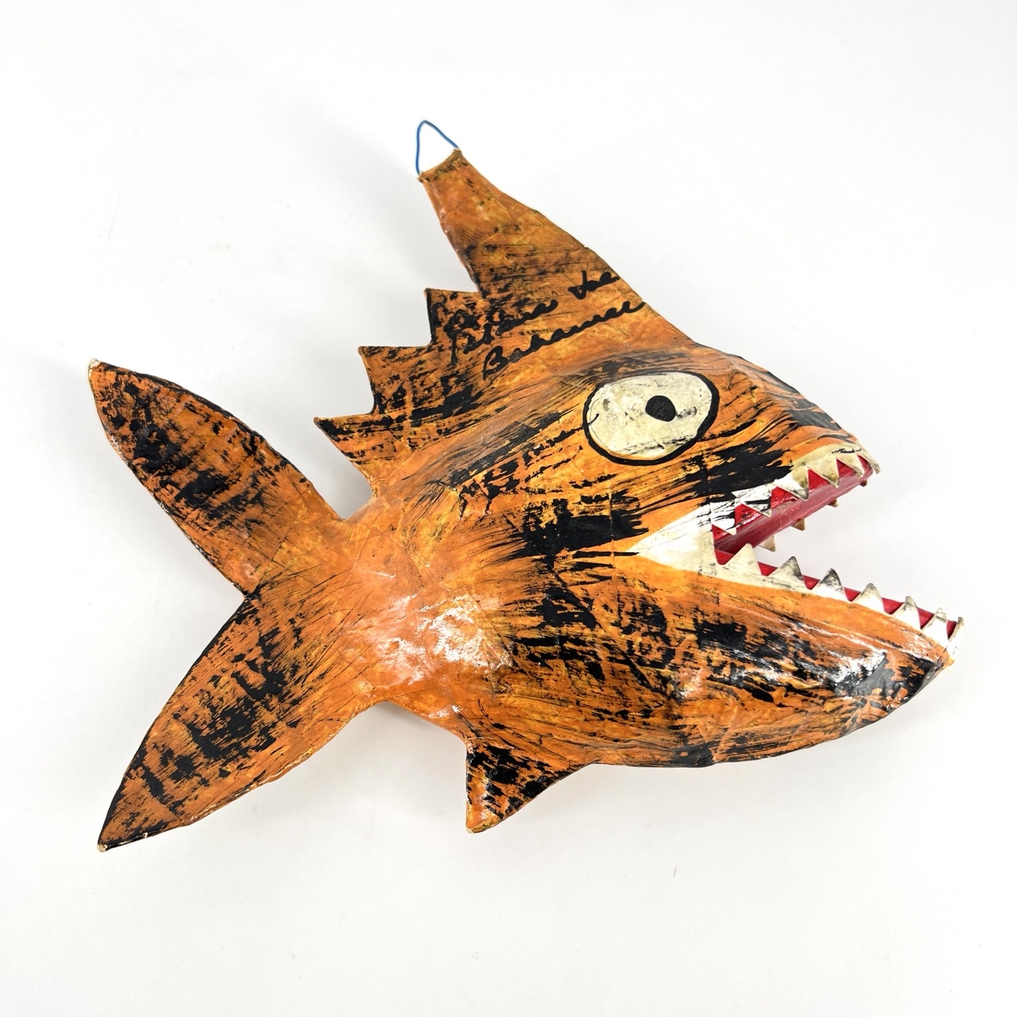 Paper Mache Orange Toothy Wall Hanging Fish