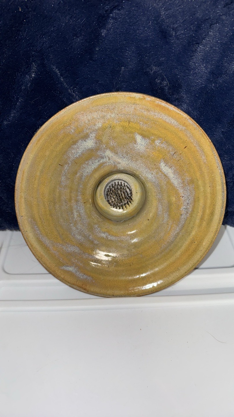 Ellis Pottery Ikebana vase with metal Flower Frog signed 7.5” diameter