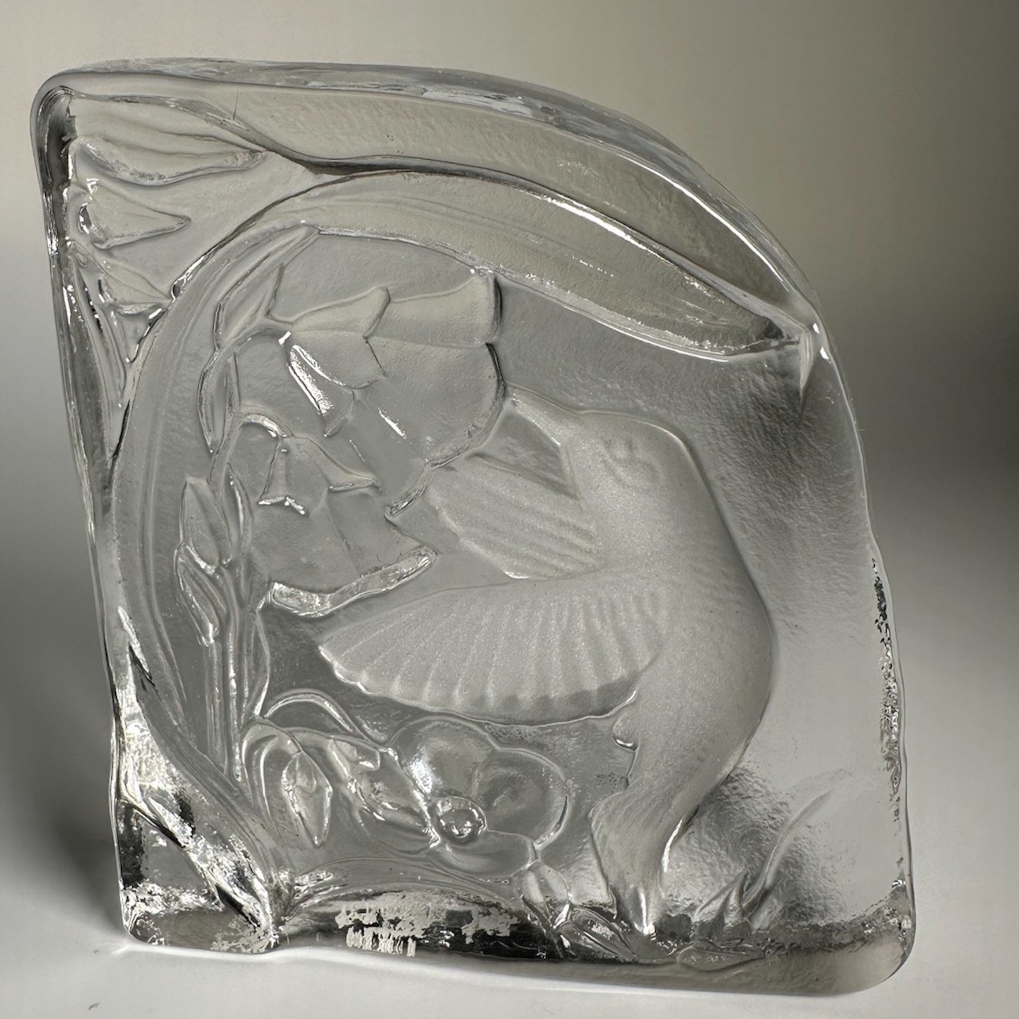 Goebel Frosted Crystal Glass Block Paperweight With Hummingbird