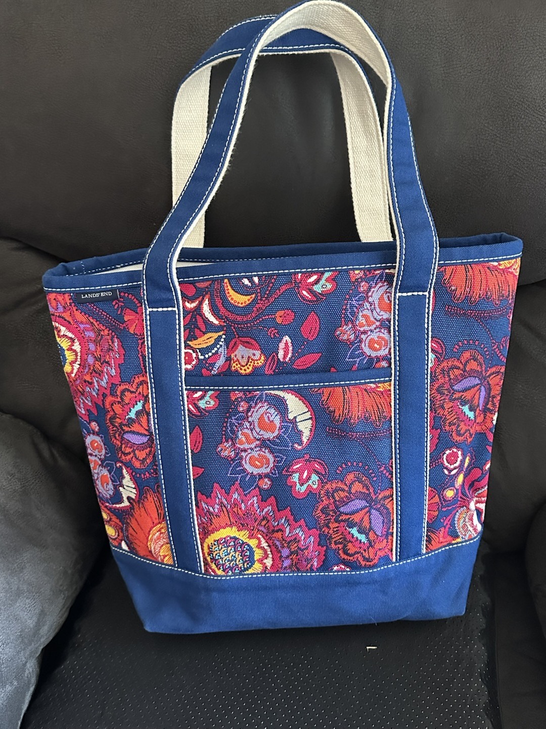 LANDS END - Canvas Tote Bag - FLORAL - 13" Tall Front Pocket Key Clip