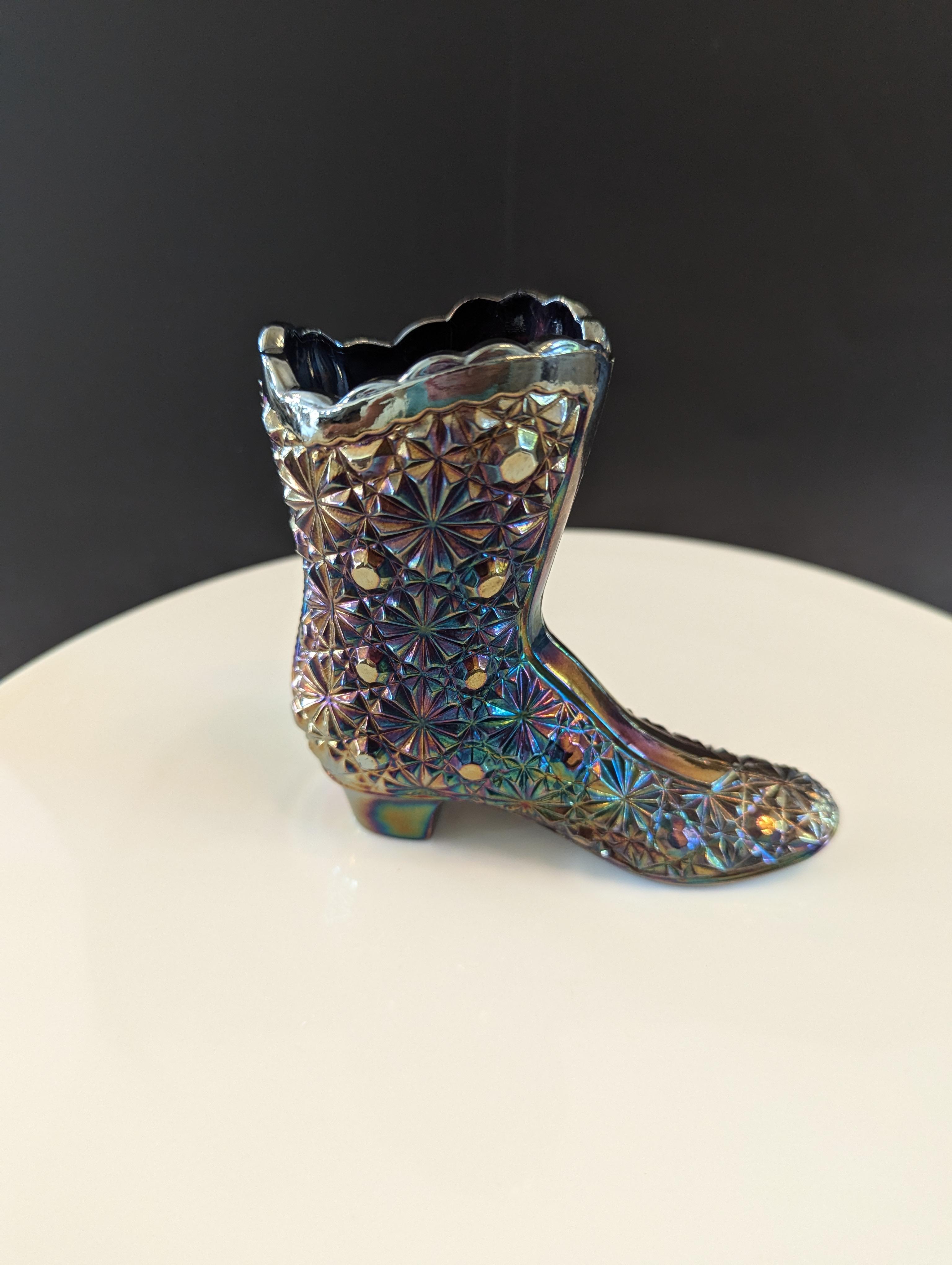 Vintage Fenton Carnival Glass Boot, Iridescent Daisy and Button Pattern