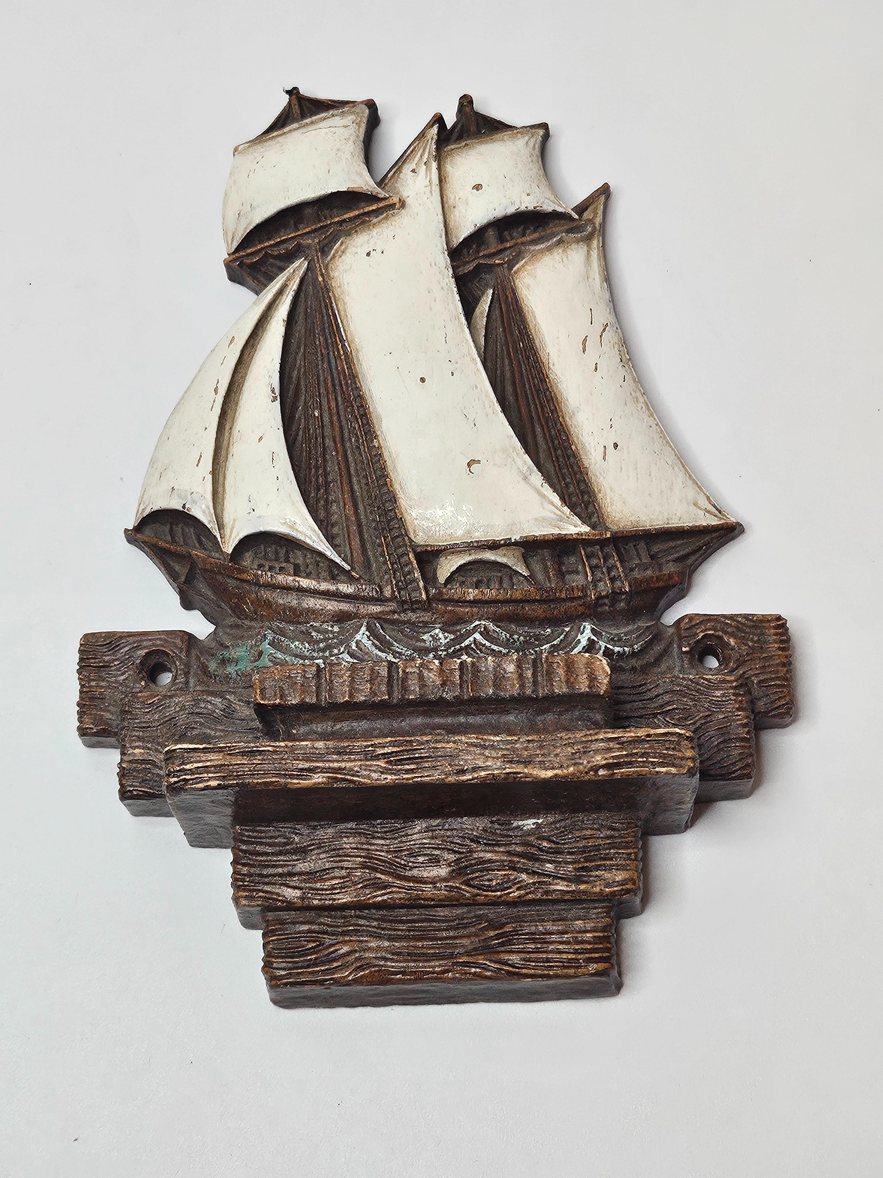 Vintage Syroco Wood Clipper Ship With Large Sails Nautical Pirate Explorer
